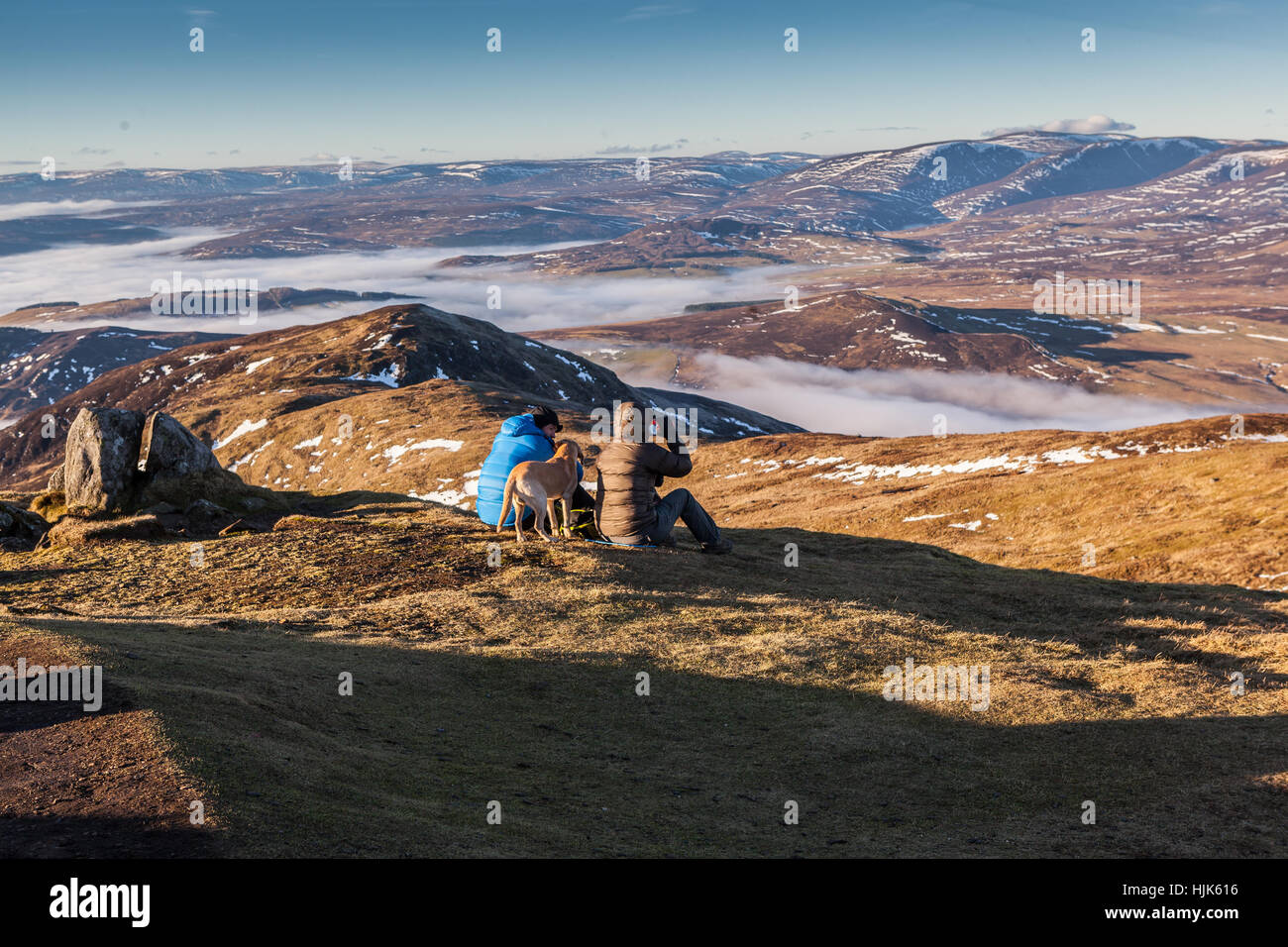 A couple and their dog on the summit of the mountain of Ben Vrackie ...