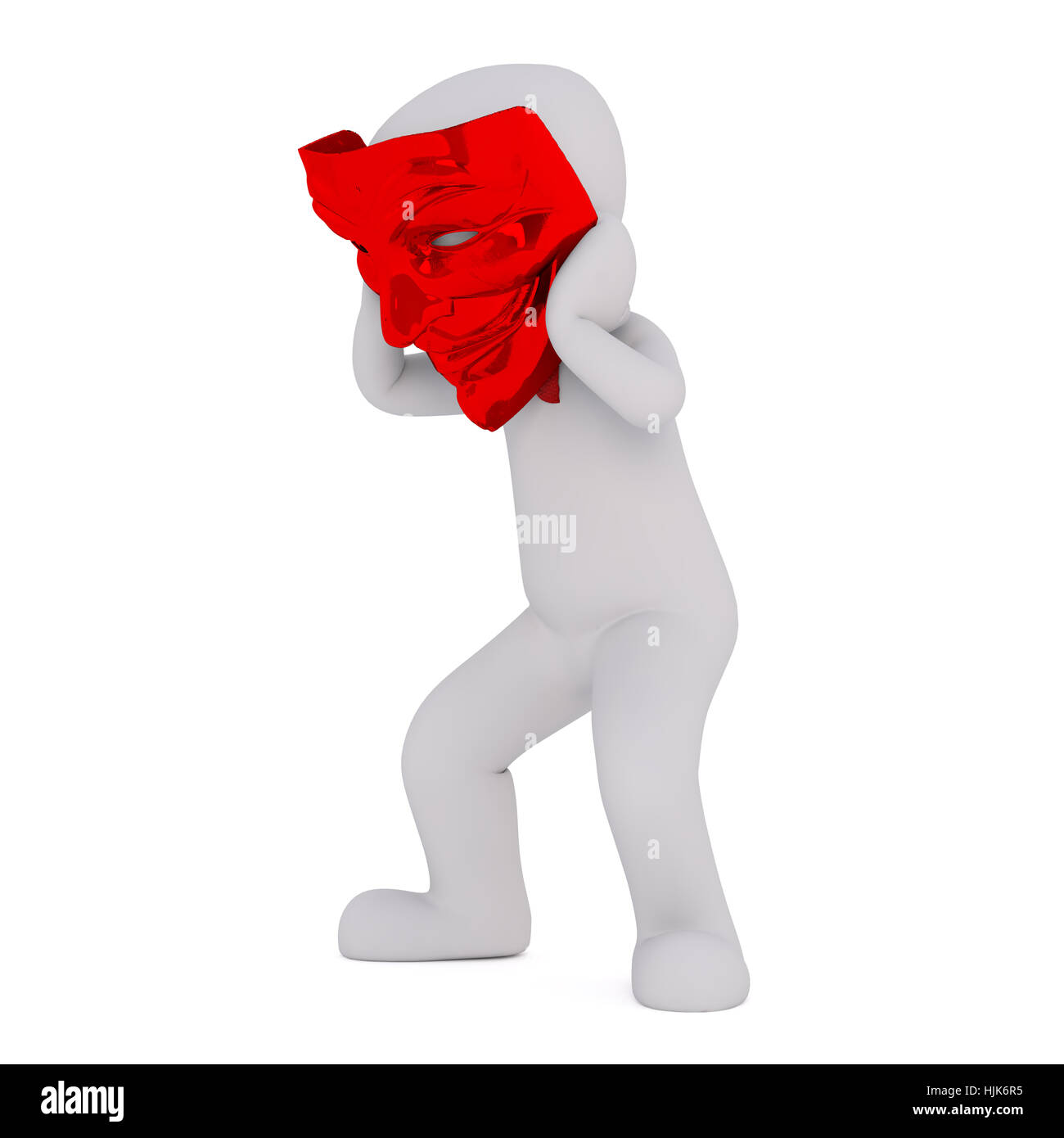 3d Rendering of Cartoon Character Trying on Oversize Red Devil Mask and ...