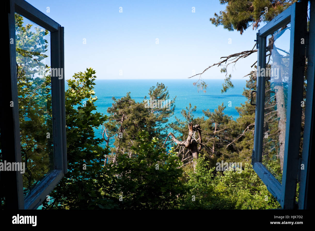 blue, travel, tree, trees, hill, window, porthole, dormer window, pane ...