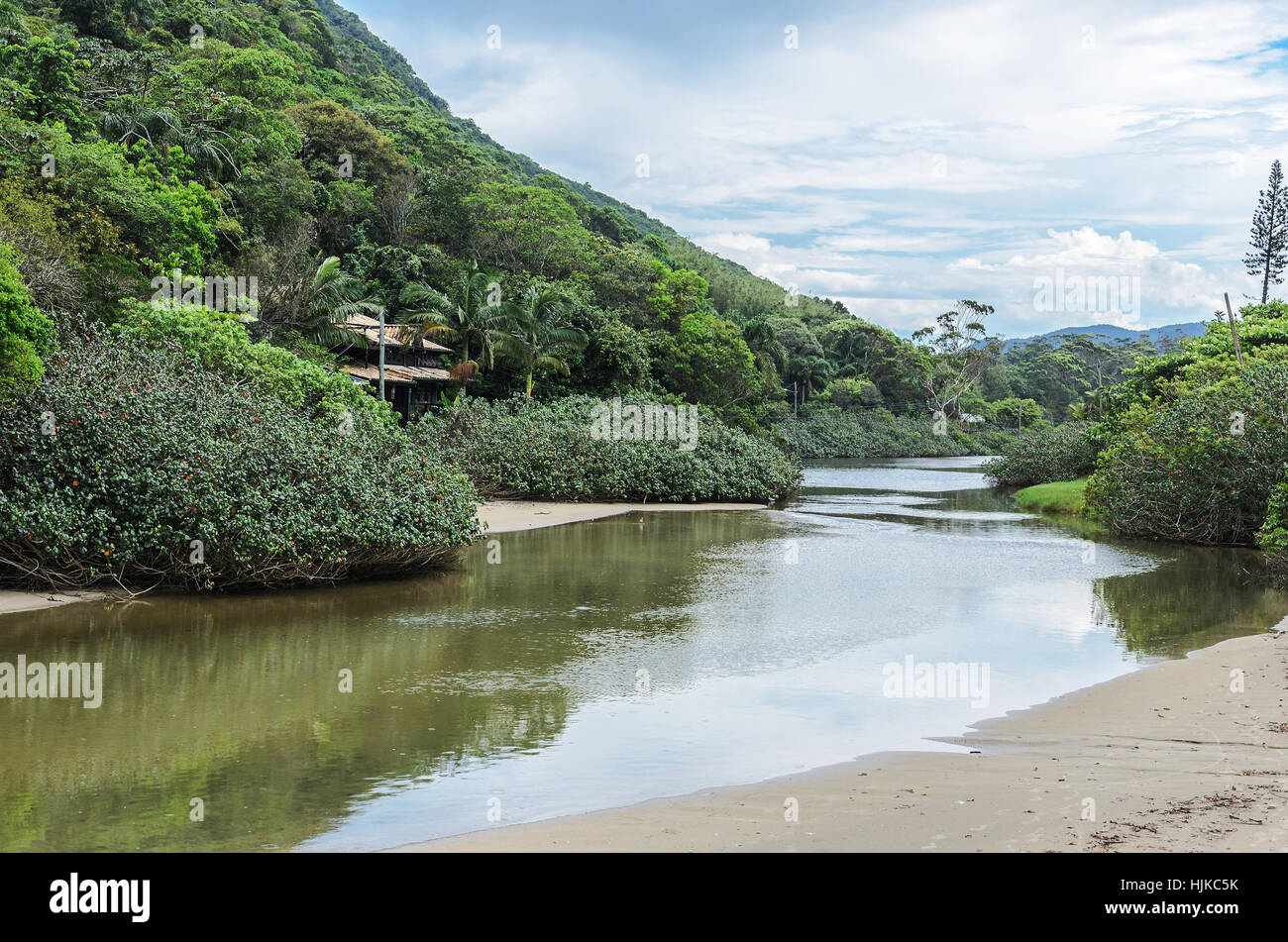 River with a brackish water that passes by the side of a mountain and ...
