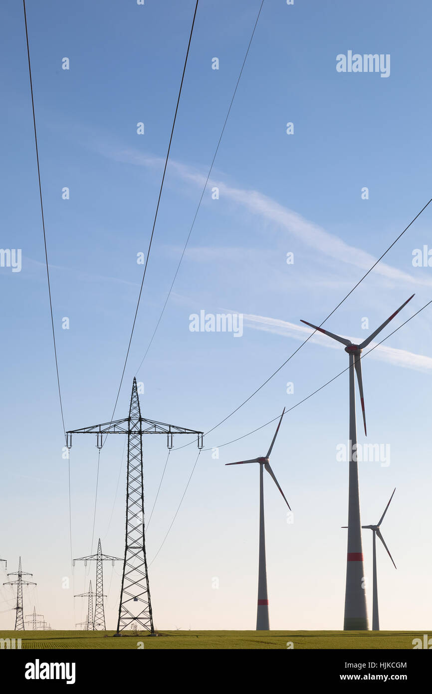Wind Park with High Voltage Transmission Lines and Pylons Stock Photo ...