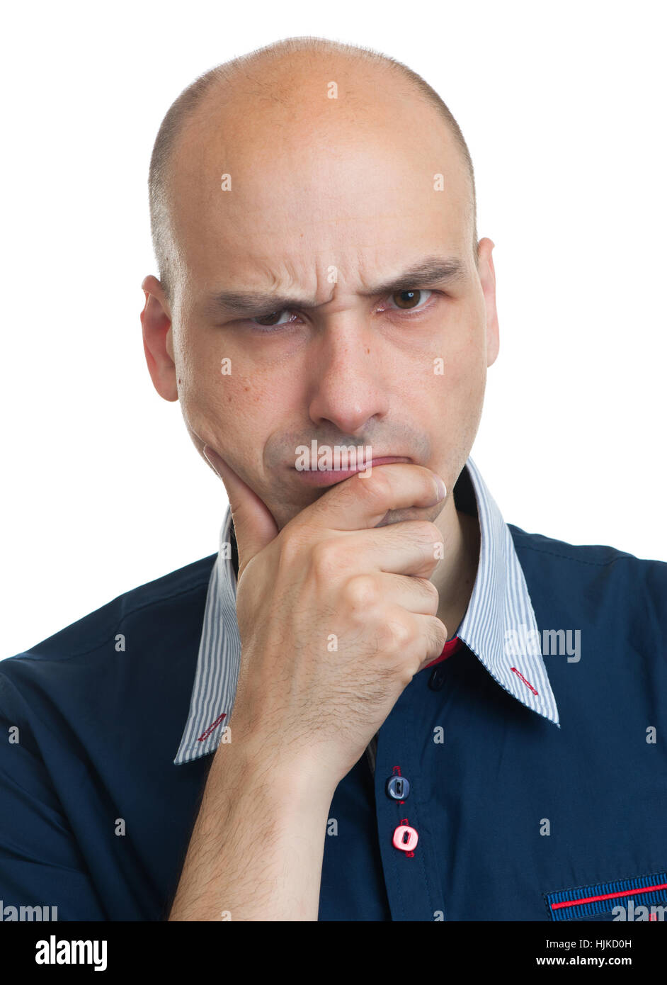 portrait of grumpy bald guy isolated on white Stock Photo - Alamy