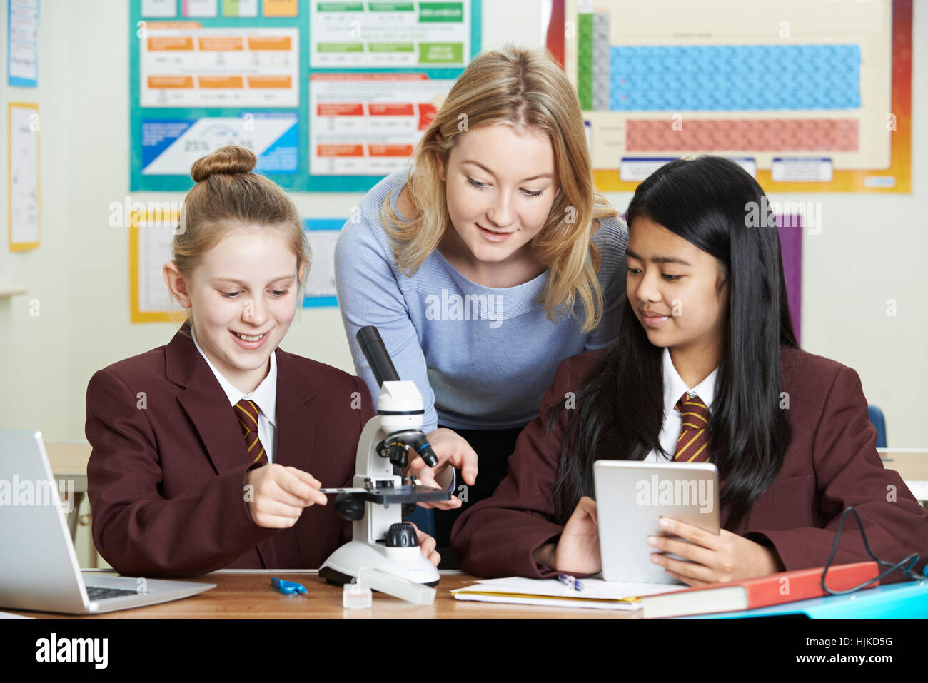 Teacher With Female Students Using Microscope In Science Class Stock ...