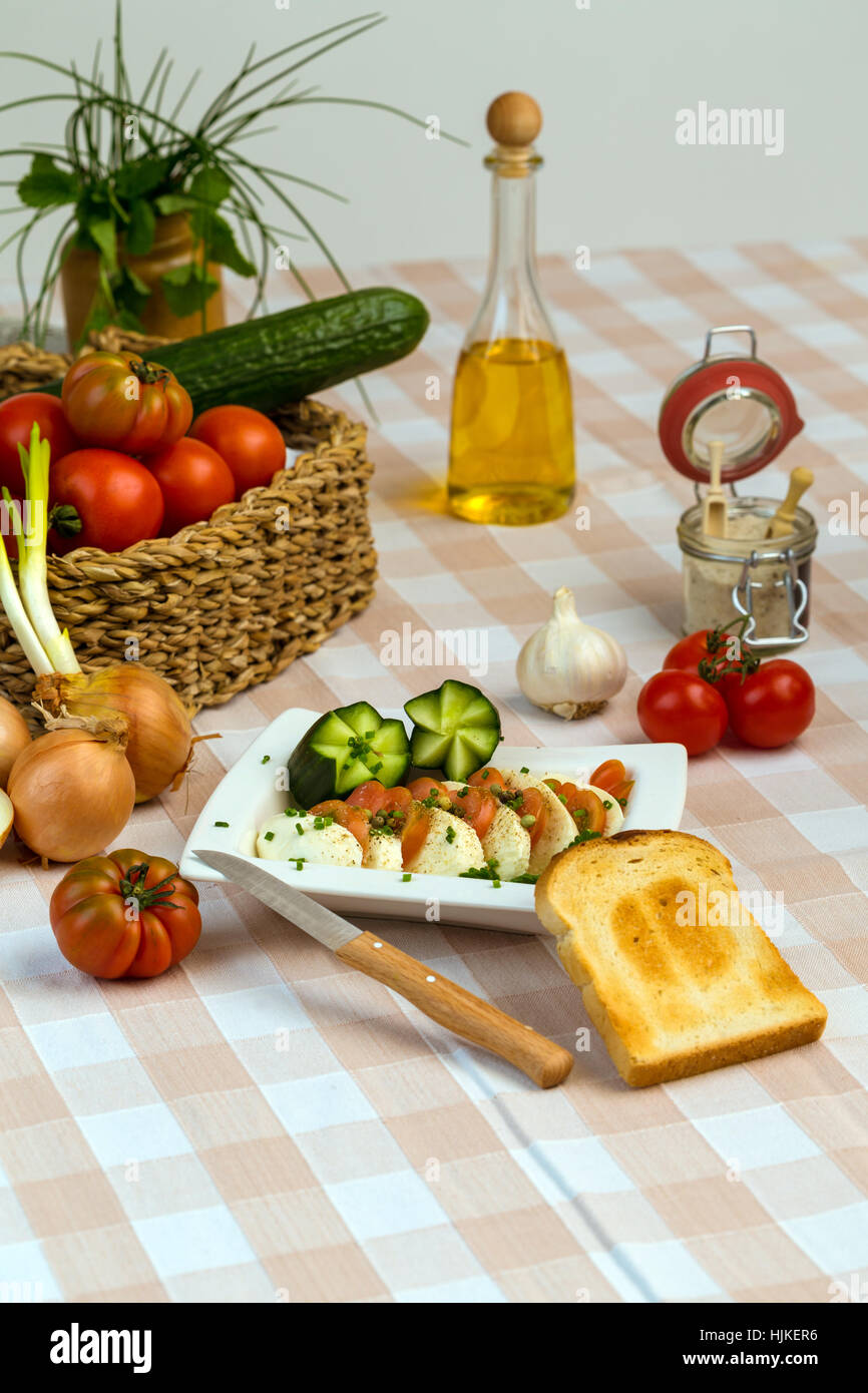 cucumber, onion, food, dish, meal, toast, table, arm, weapon, knive ...