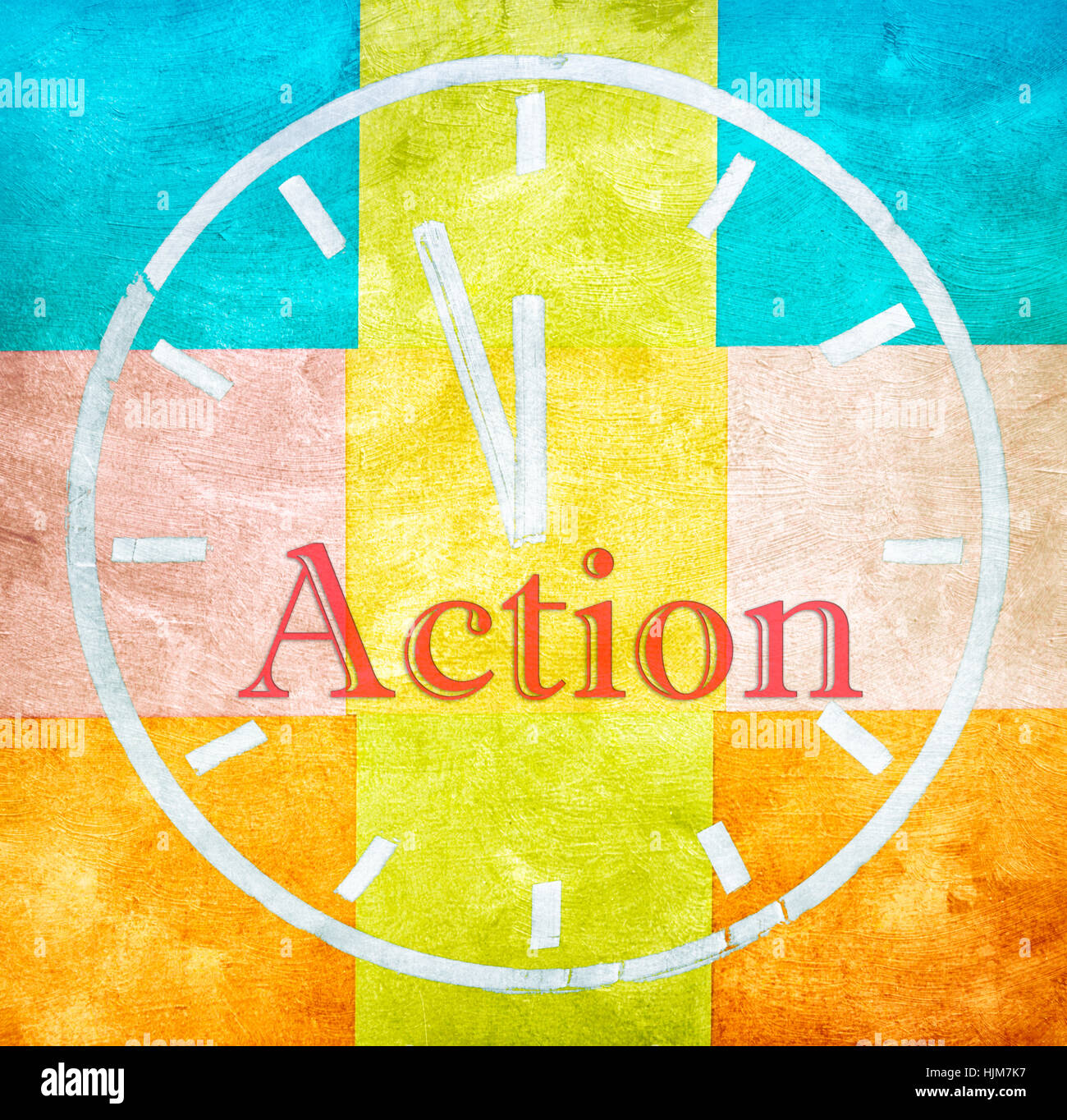 Action concept, word and drawing clock on colorful texture background ...