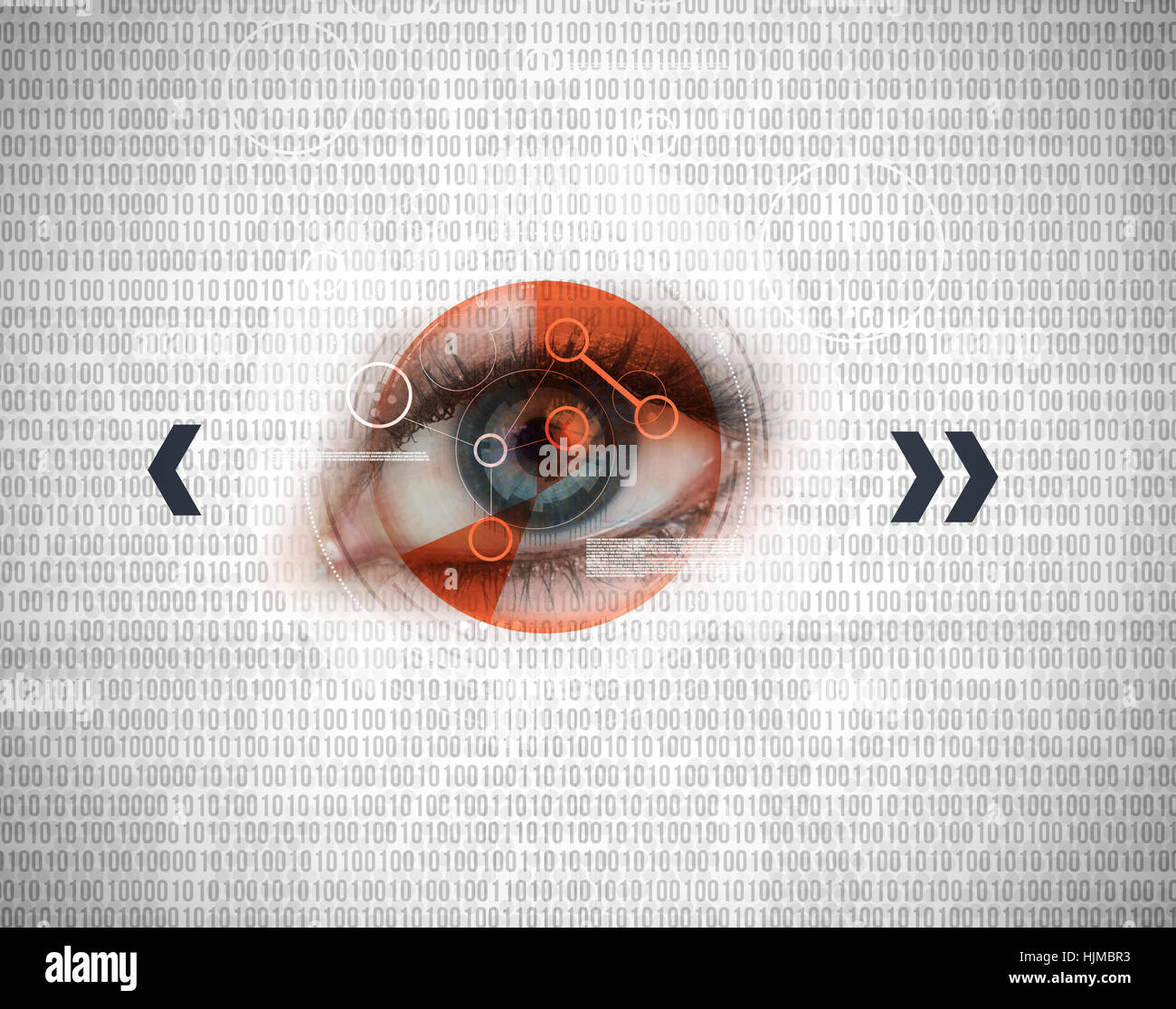 Blue eye being analysed and scanned by a red circle with binary codes ...