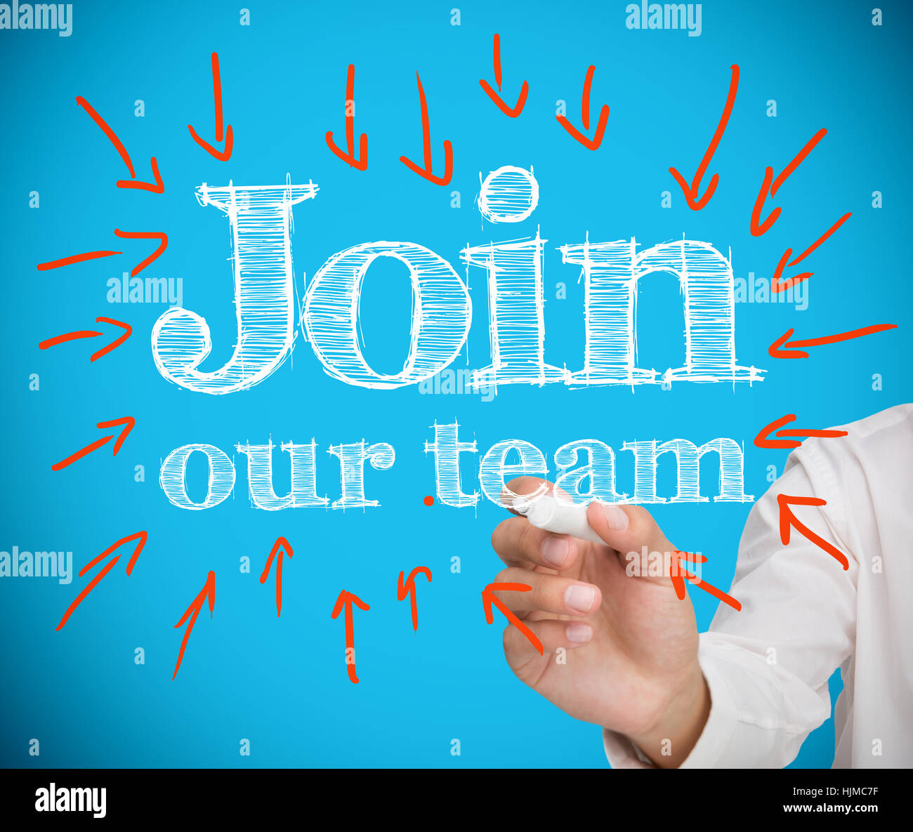 Businesswoman writing join our team with orange arrows on a blue ...