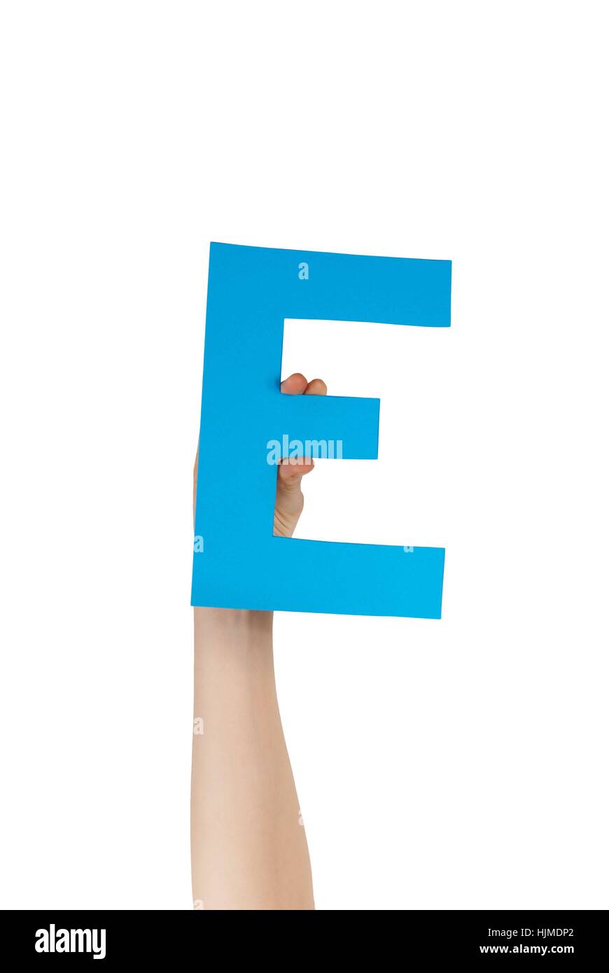 the blue letter e, hold by hands, isolated Stock Photo - Alamy