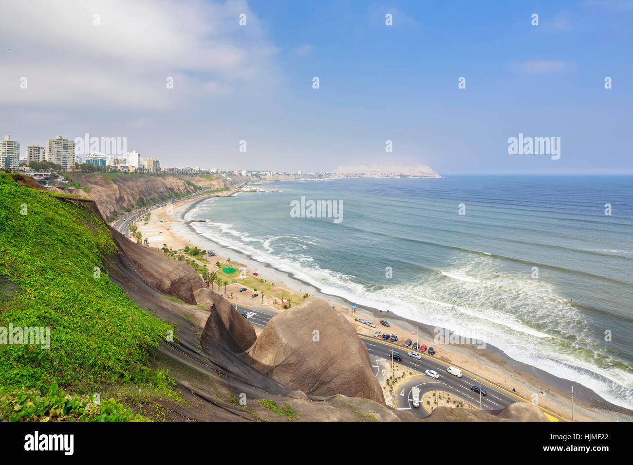 Peru, Lima, Miraflores, skyline, steep coast, road Circuito de Playas ...