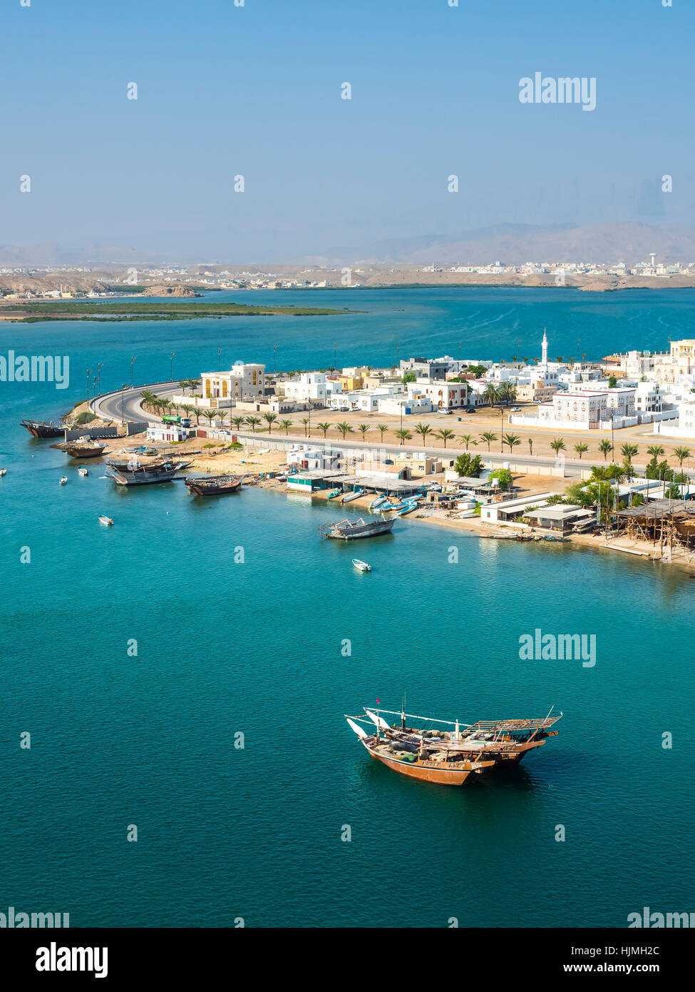 Oman, Ash Sharqiyah, Ad Daffah, view to seaport Sur and Blue Lagoon ...