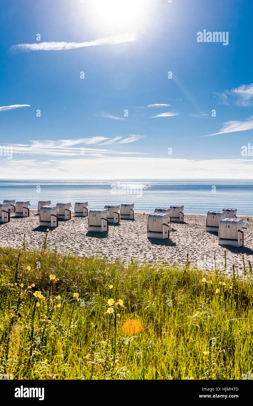 Germany, Schleswig-Holstein, Bay of Luebeck, hooded beach chairs on the ...