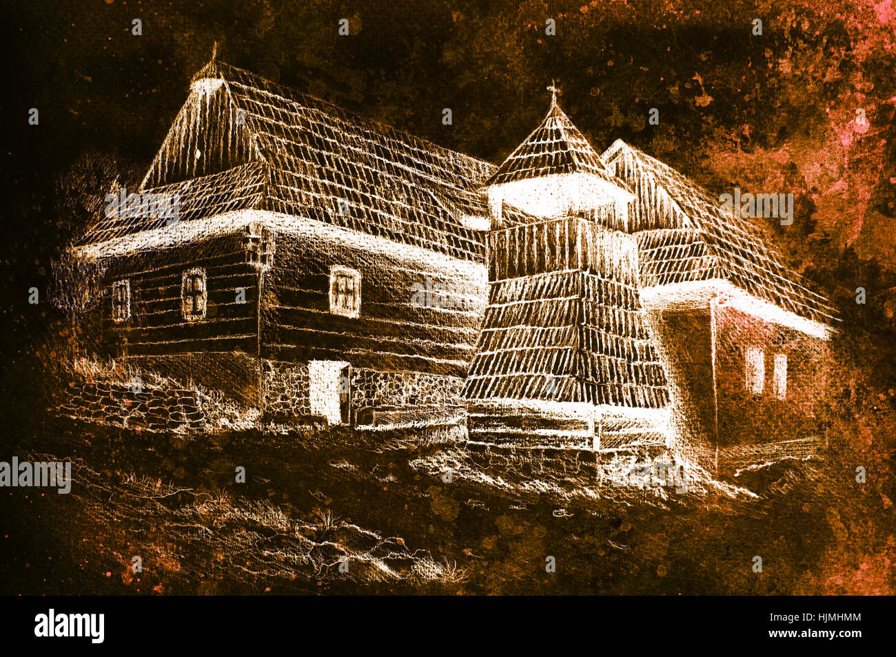 idylic willage houses with wooden belfry, pencil drawing on paper with ...