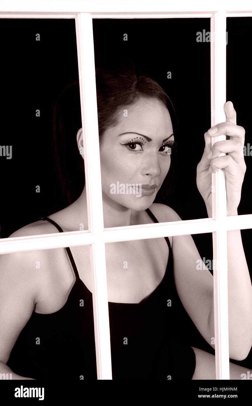 woman, isolated, fashion, bw, studio, standing, vertical, window frame ...