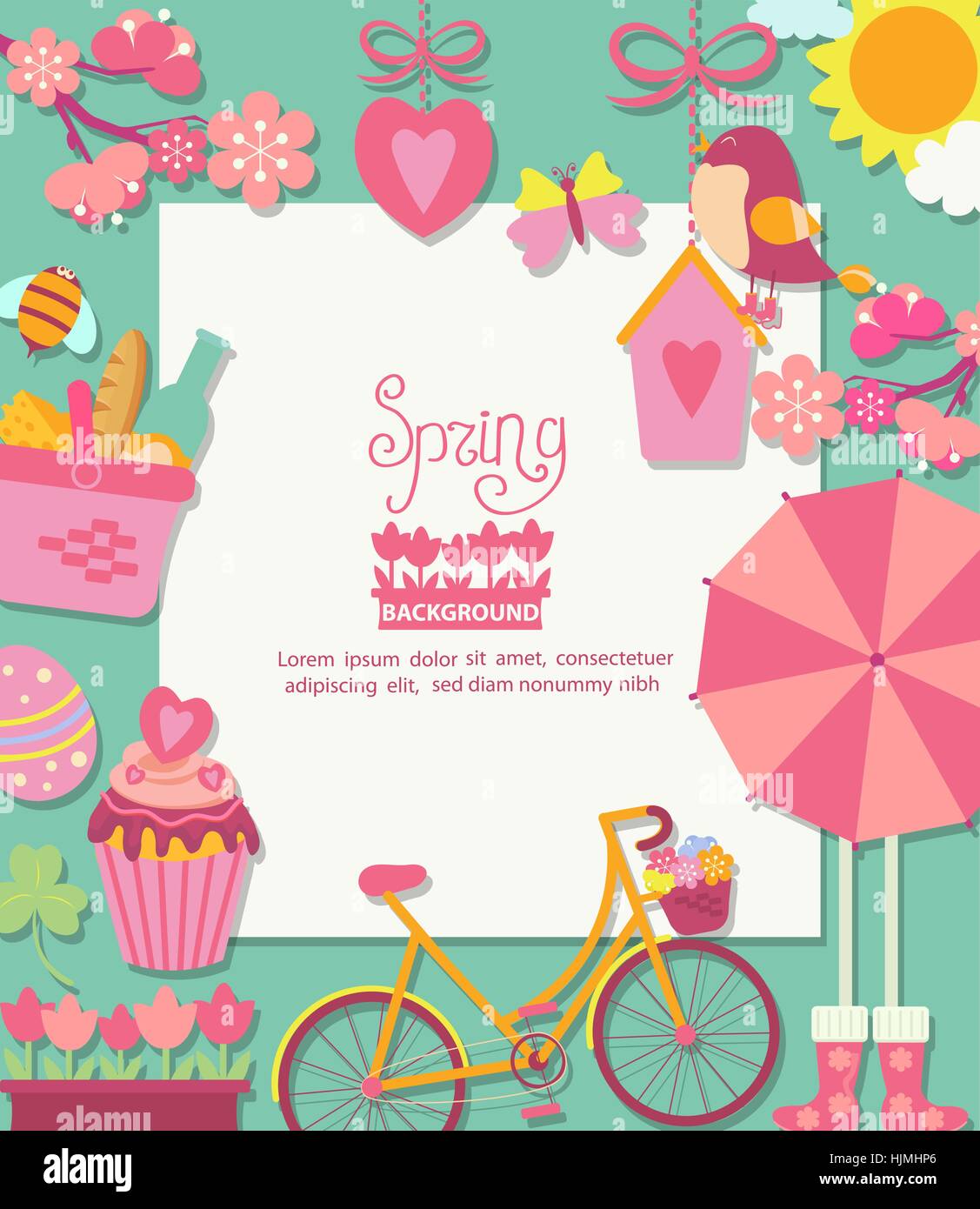 Spring background with cuteicons and frame for text design, vector ...