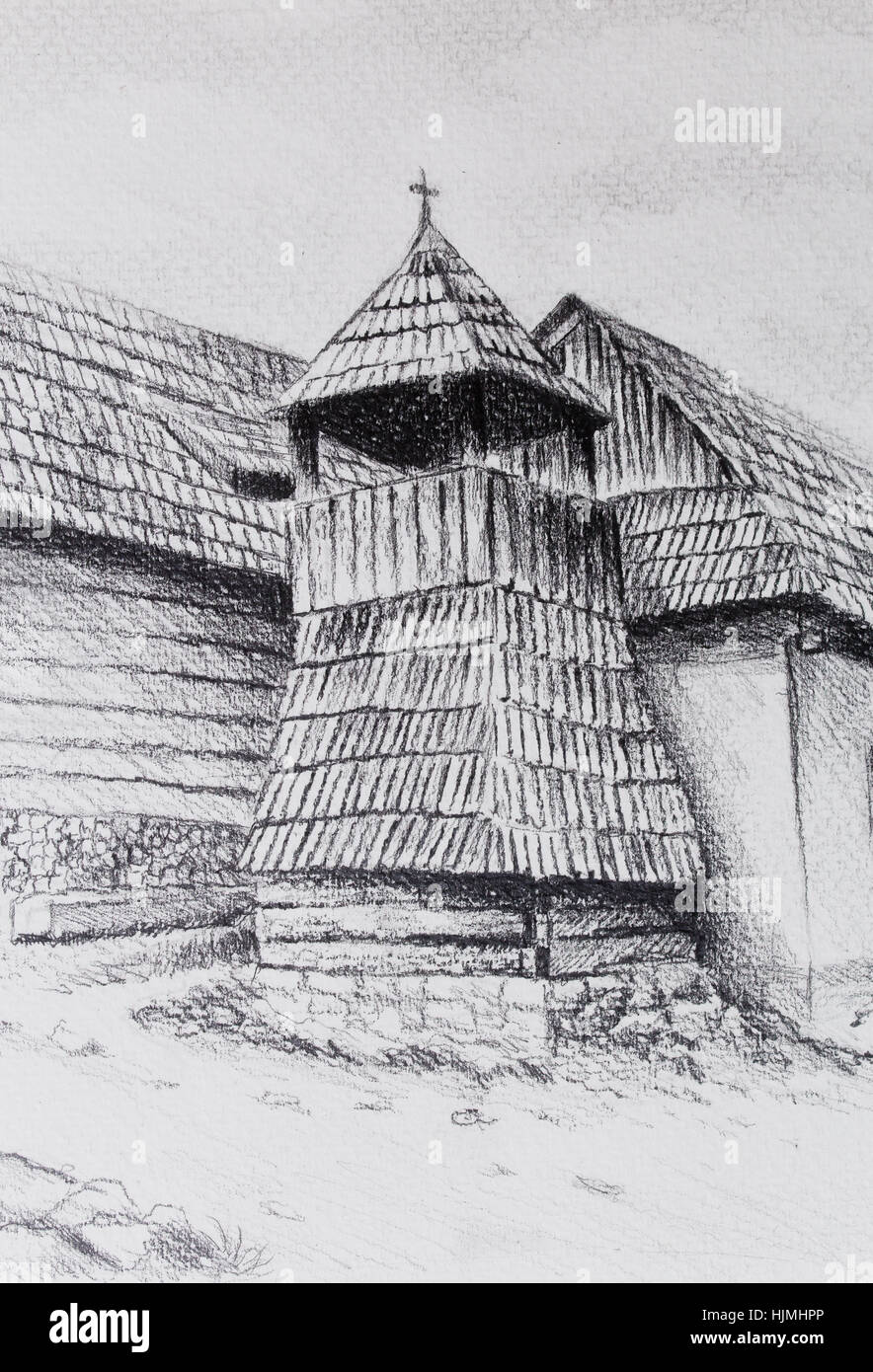 idylic willage houses with wooden belfry, pencil drawing on paper Stock ...