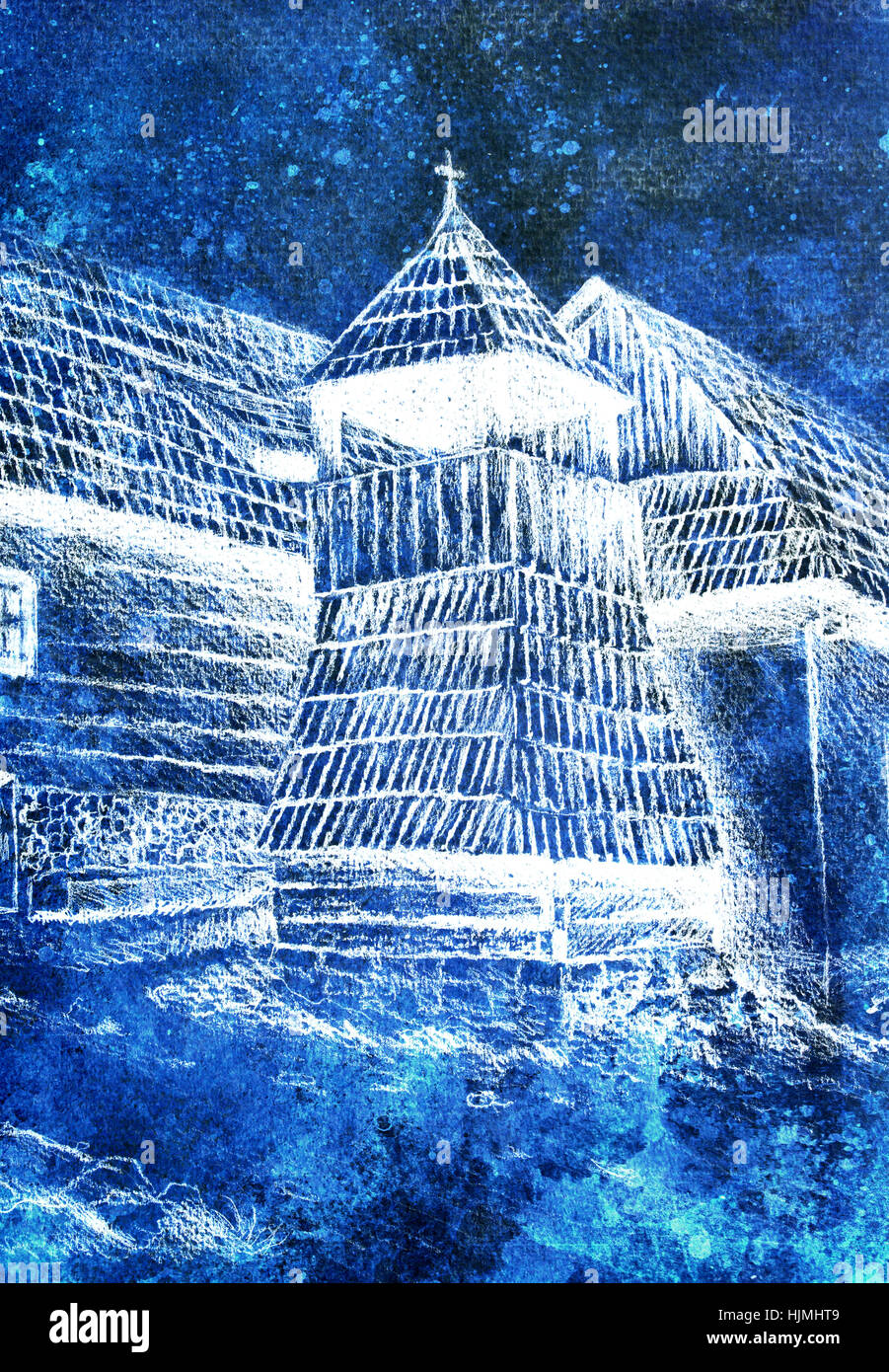 idylic willage houses with wooden belfry, pencil drawing on paper with ...