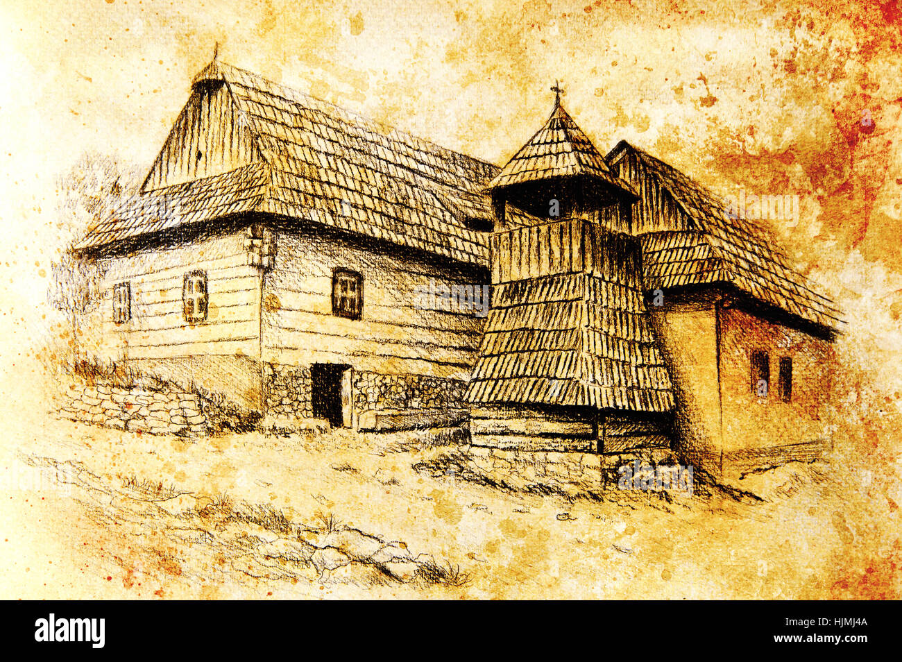 idylic willage houses with wooden belfry, pencil drawing on paper with ...