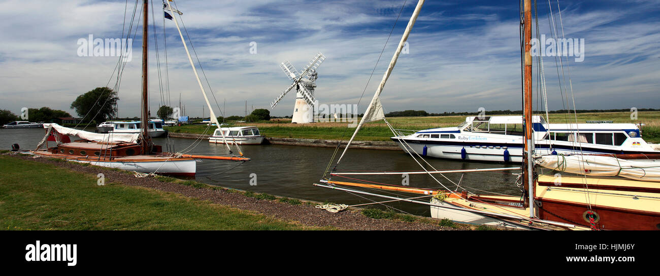 Summer, Thurne windmill, river Thurne, Norfolk Broads National Park ...