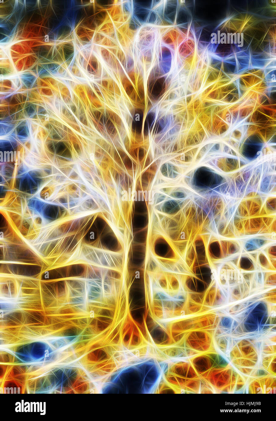 energetic tree in the middle of ancient willage, tree of life concept ...