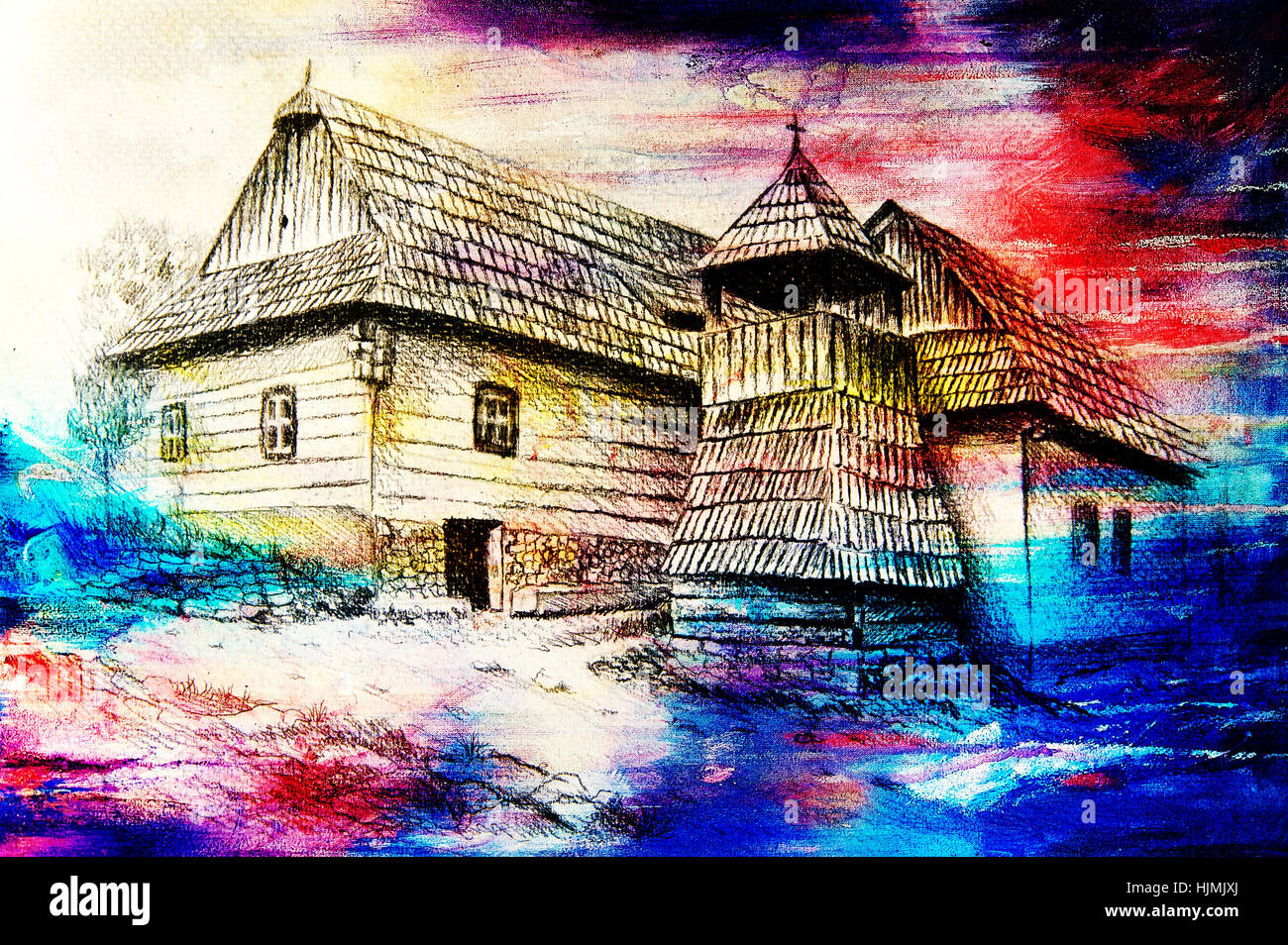 idylic willage houses with wooden belfry, pencil drawing on paper with ...