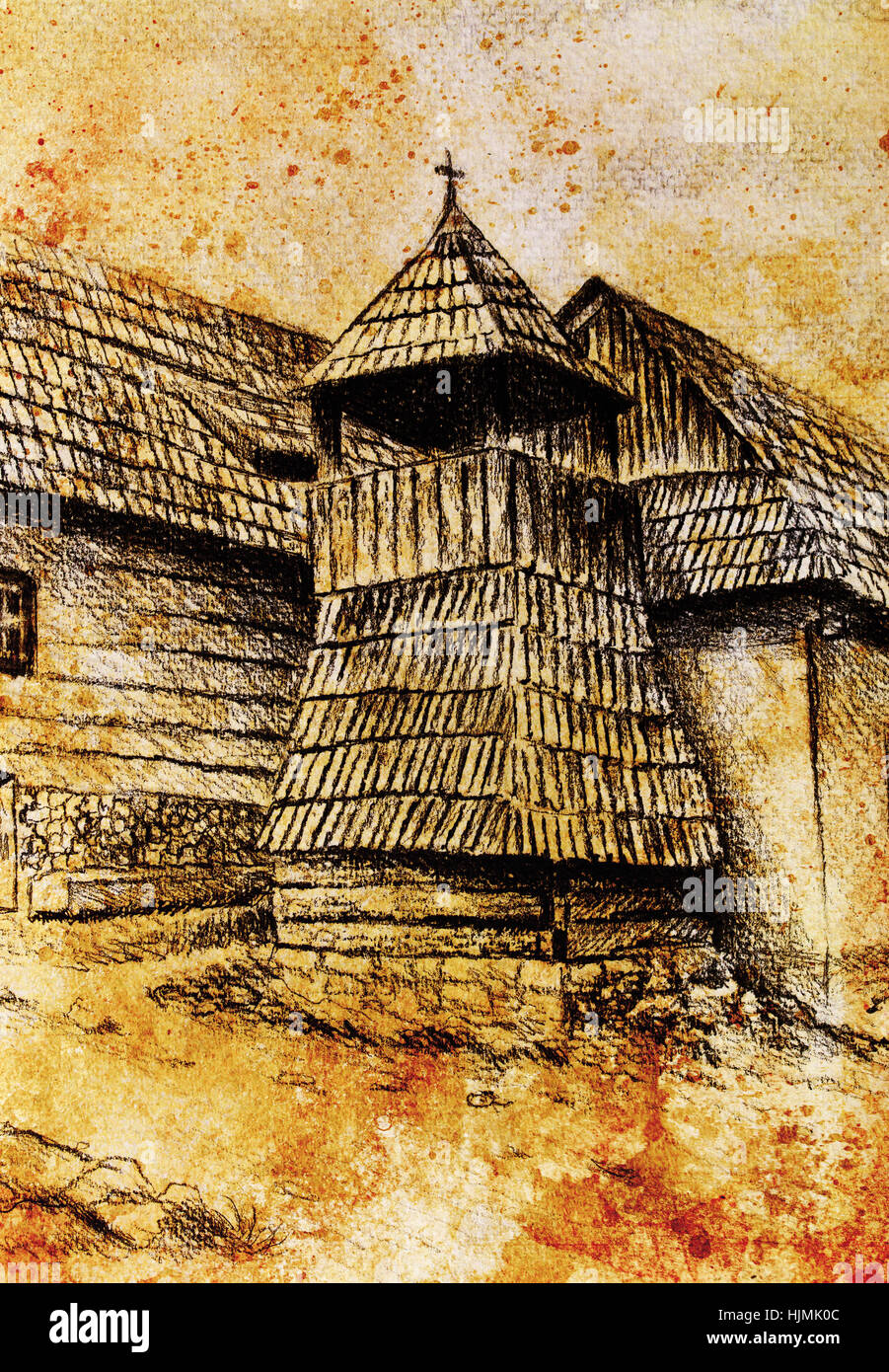 idylic willage houses with wooden belfry, pencil drawing on paper with ...