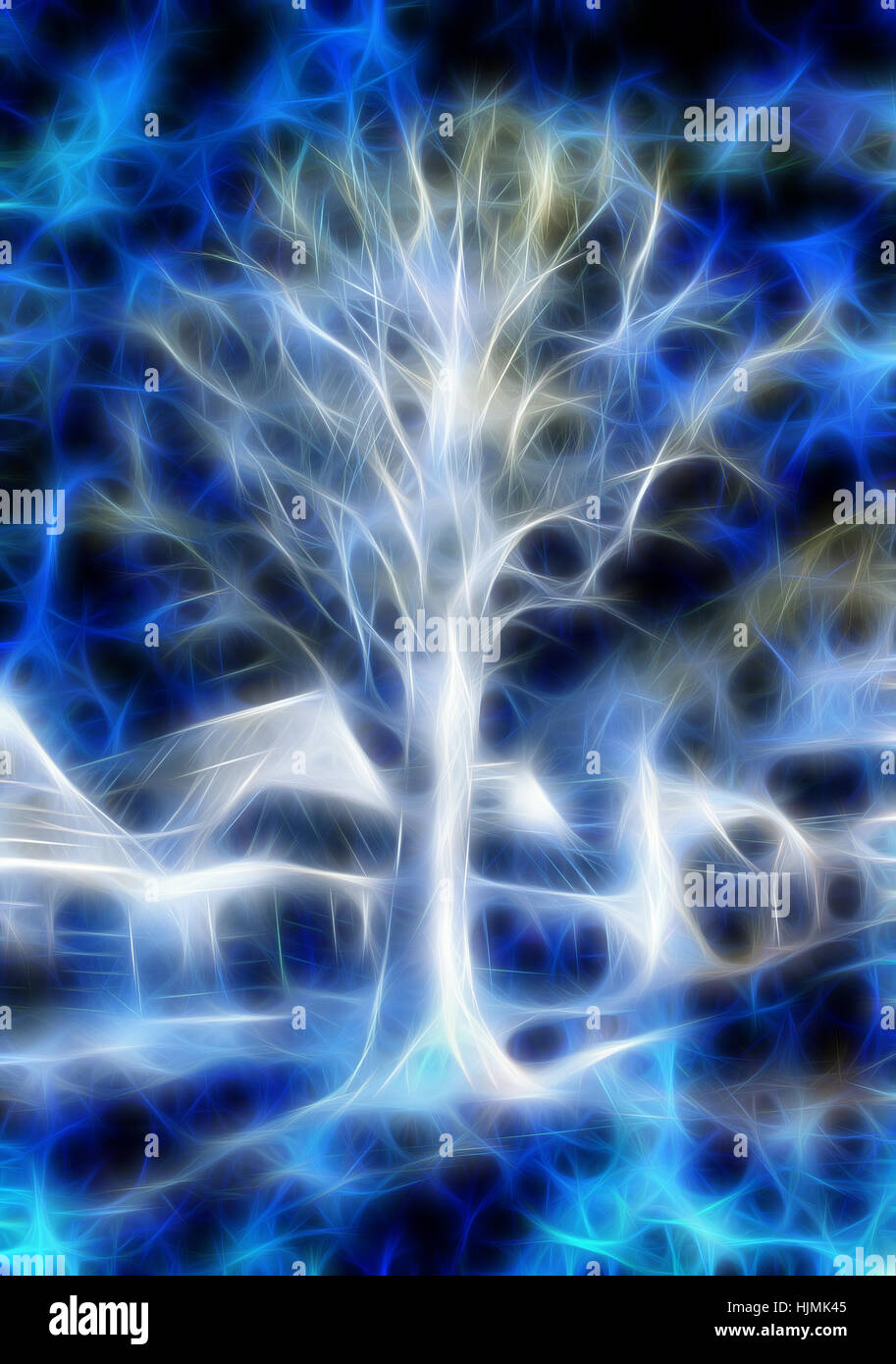 energetic tree in the middle of ancient willage, tree of life concept ...