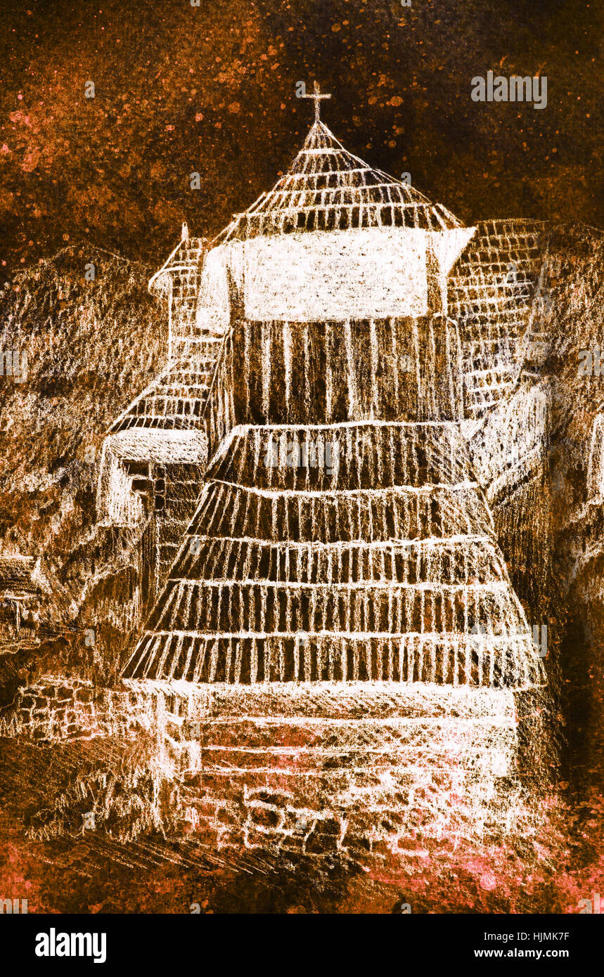 historic wooden belfry in mountain willage, pencil drawing on paper ...
