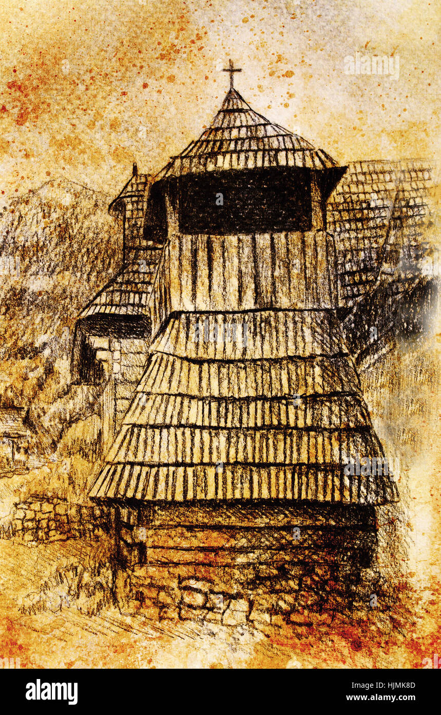 historic wooden belfry in mountain willage, pencil drawing on paper ...