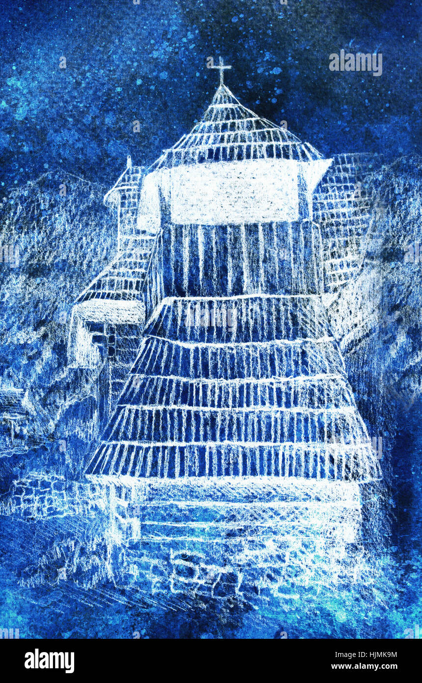 historic wooden belfry in mountain willage, pencil drawing on paper ...