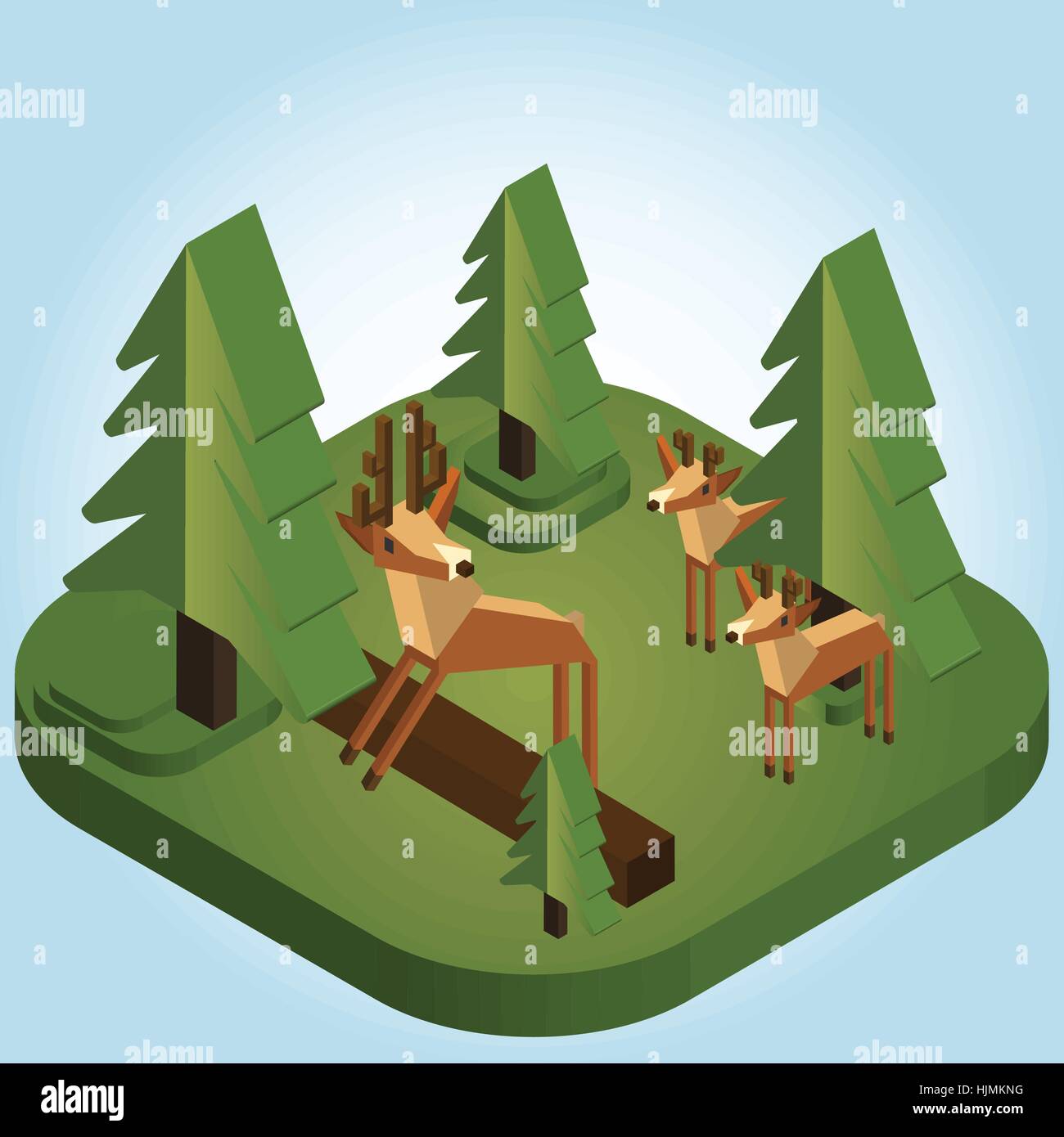 Stag Jumping in Pine Forest Isometric Style - Vector Illustration Stock ...