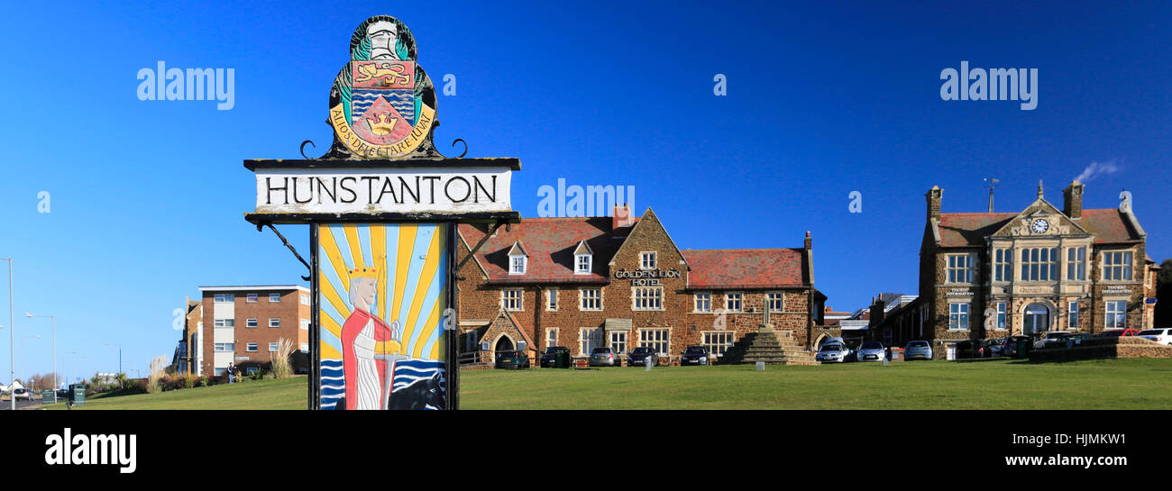 Town sign on the Green, Hunstanton town, North Norfolk coast, England ...