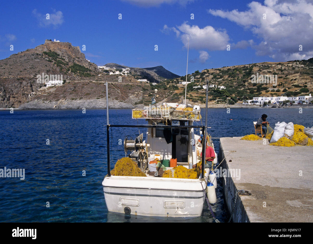 fishing boat and Kapsali in the background, Kythera Island Eptanese ...