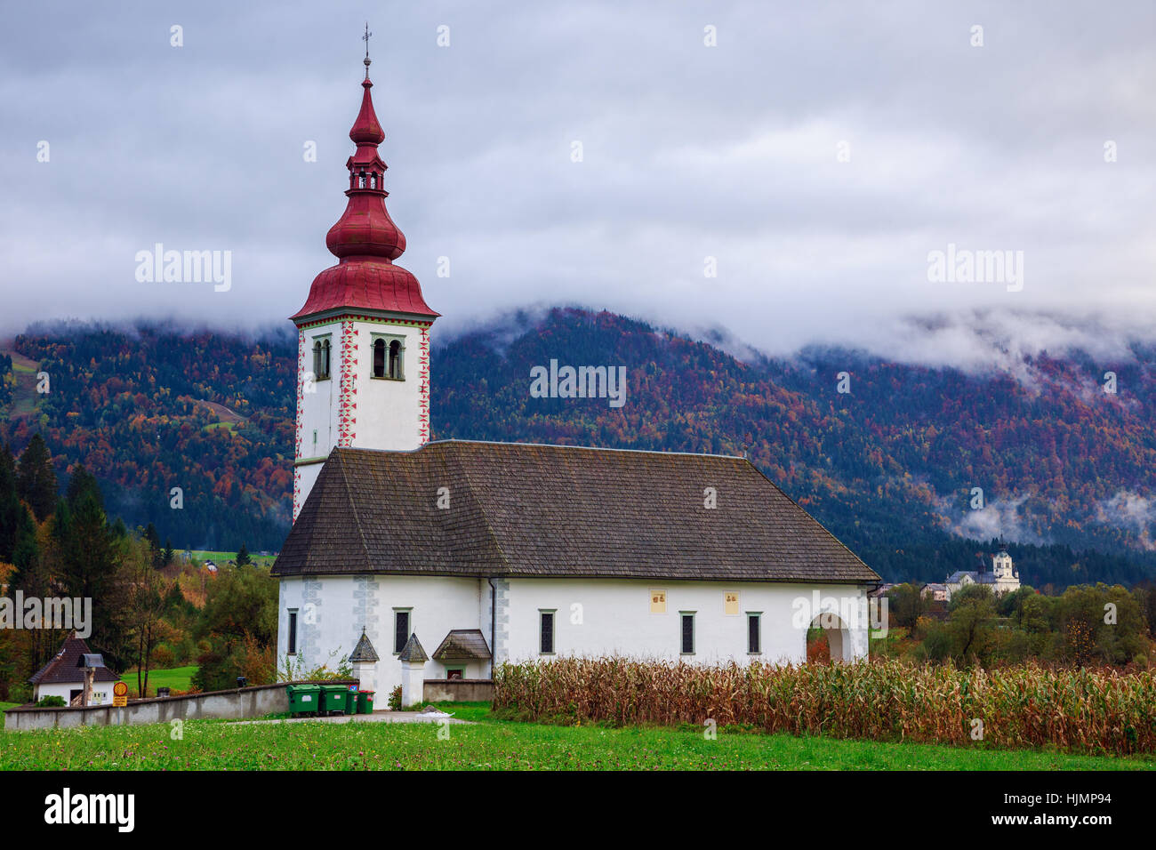 Typical slovenian church in the mountains, near Bohinj lake. Slovenia ...