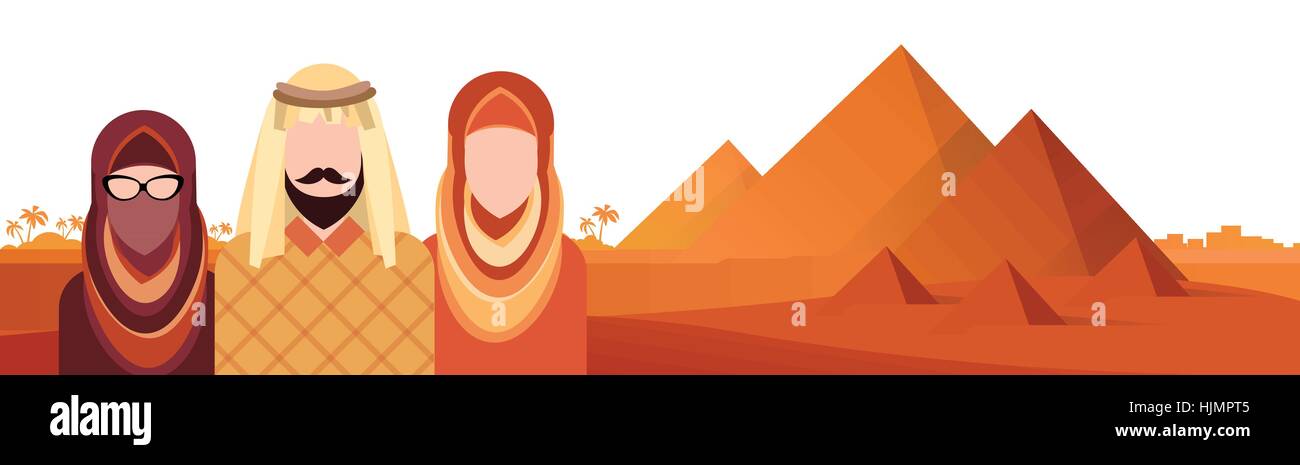 Arab People Group Muslim Arabic Man And Woman Pyramids Background Stock ...