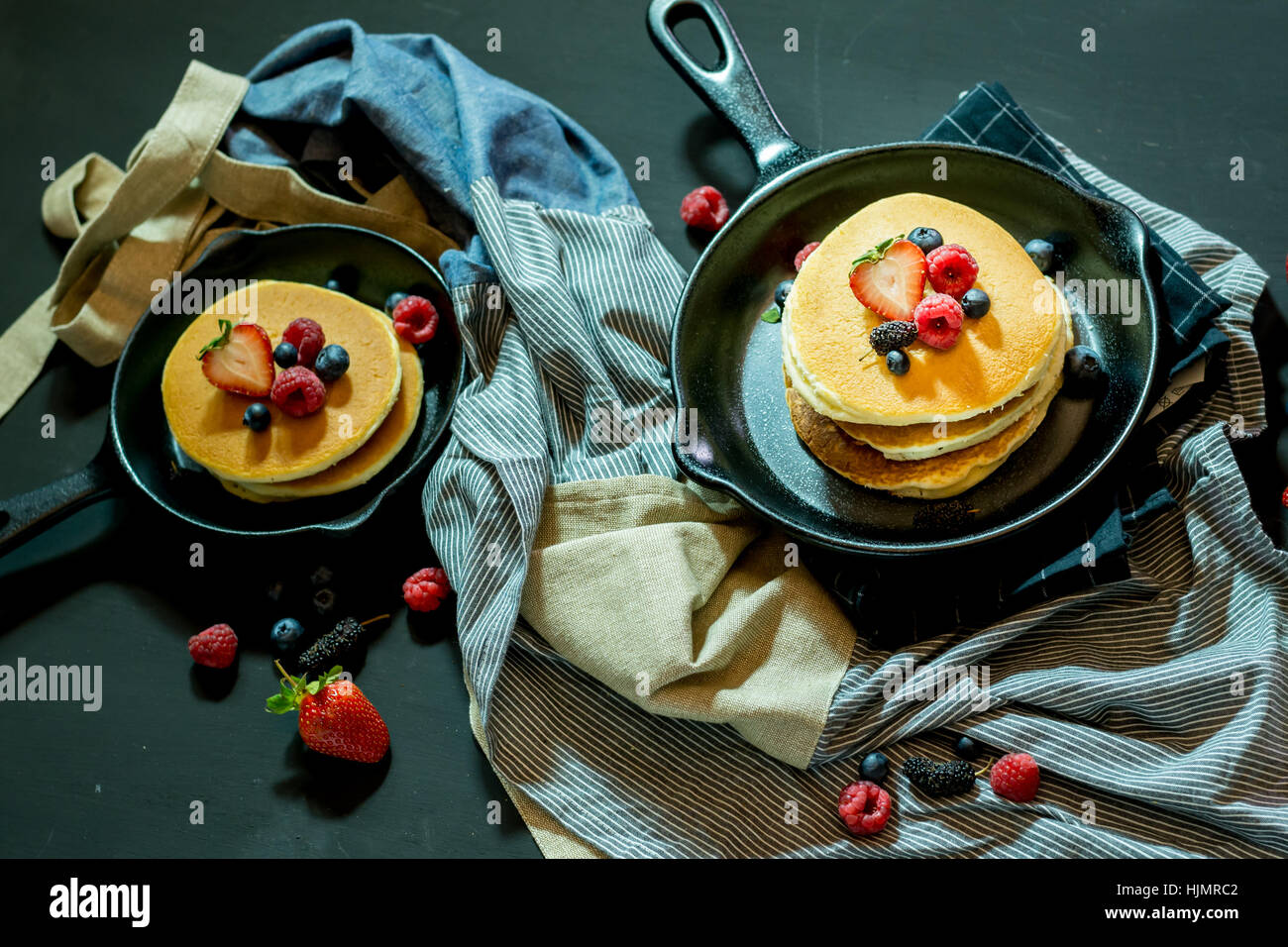 pancake with fresh fruit and berry stack on pan for breakfast bakery ...