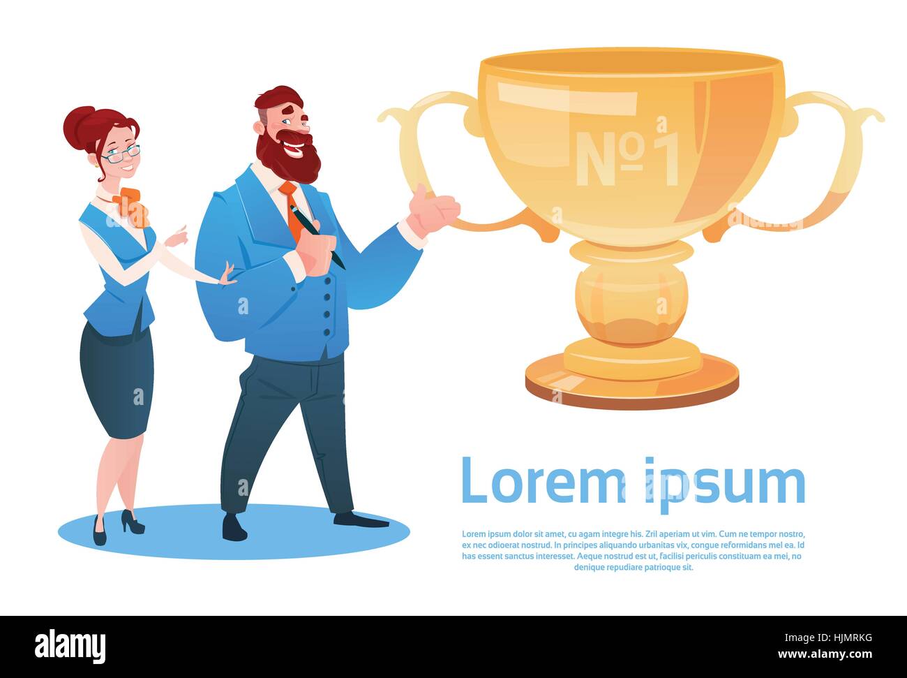 Business Man And Woman Hold Prize Winner Cup, Team Success Concept ...