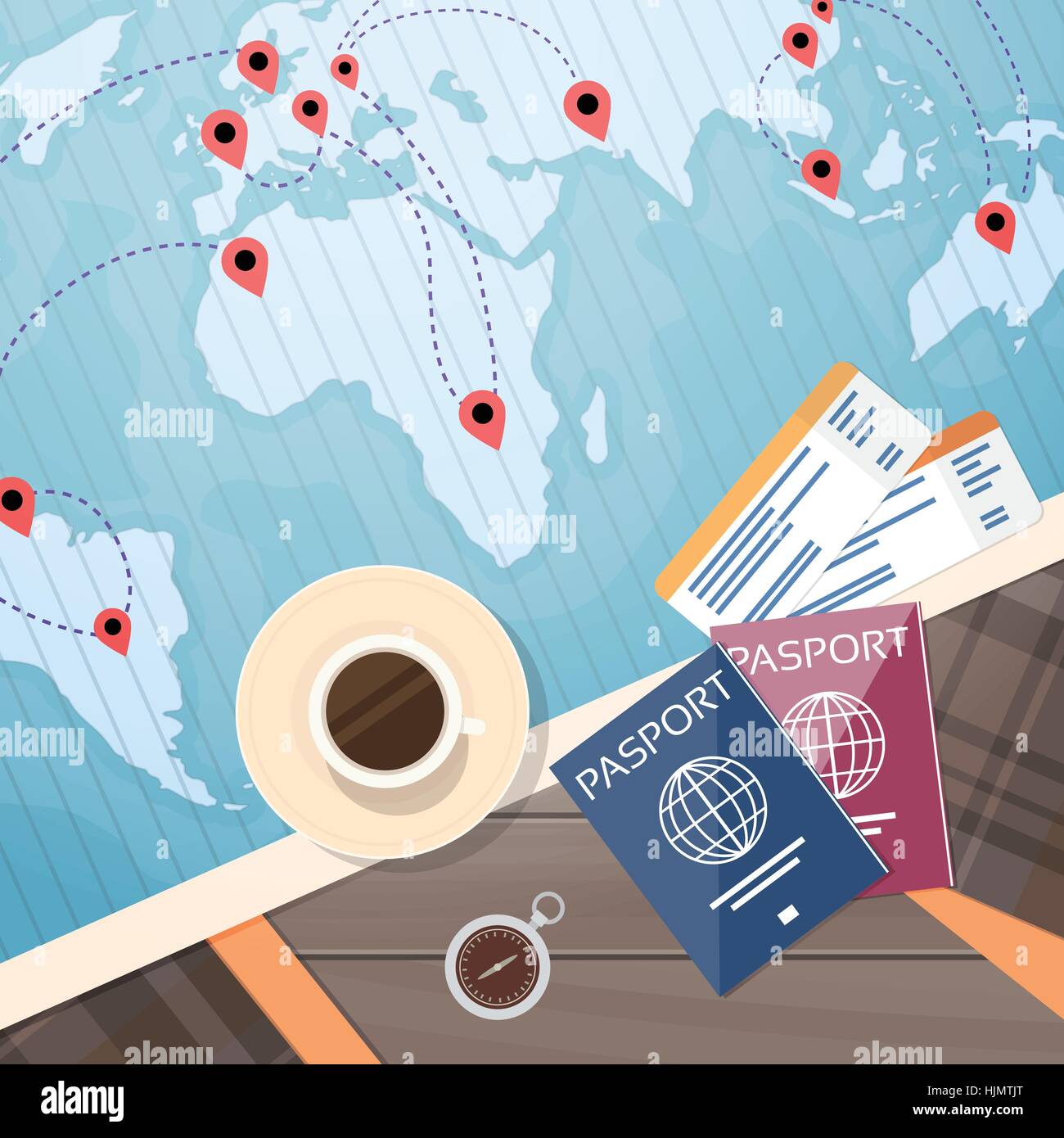 Ticket Boarding Pass Travel Document World Map With Pins Vacation ...