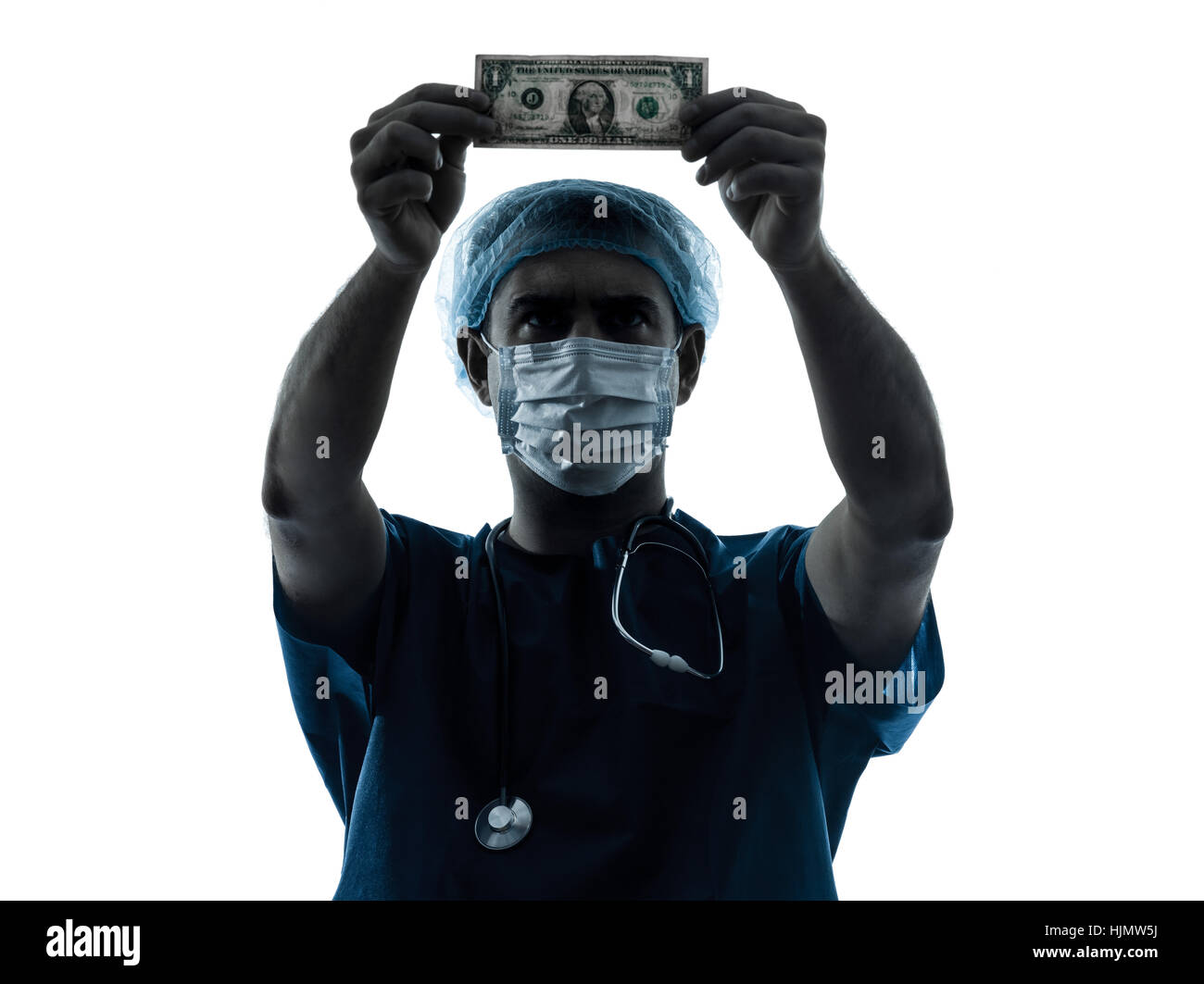 one caucasian man doctor surgeon medical worker dollar bill silhouette ...