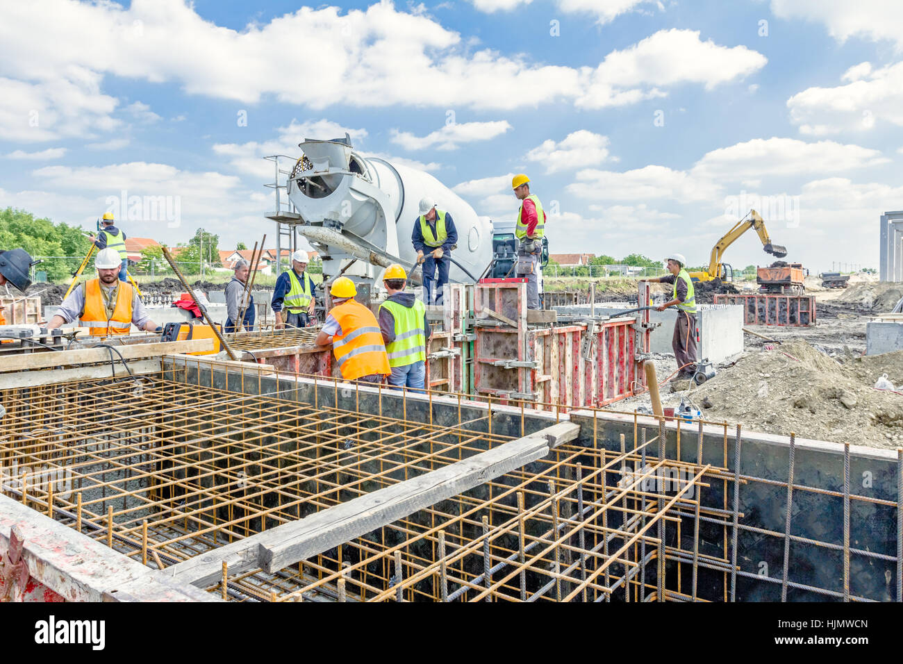 Zrenjanin, Vojvodina, Serbia - May 29, 2015: Workers at building site ...