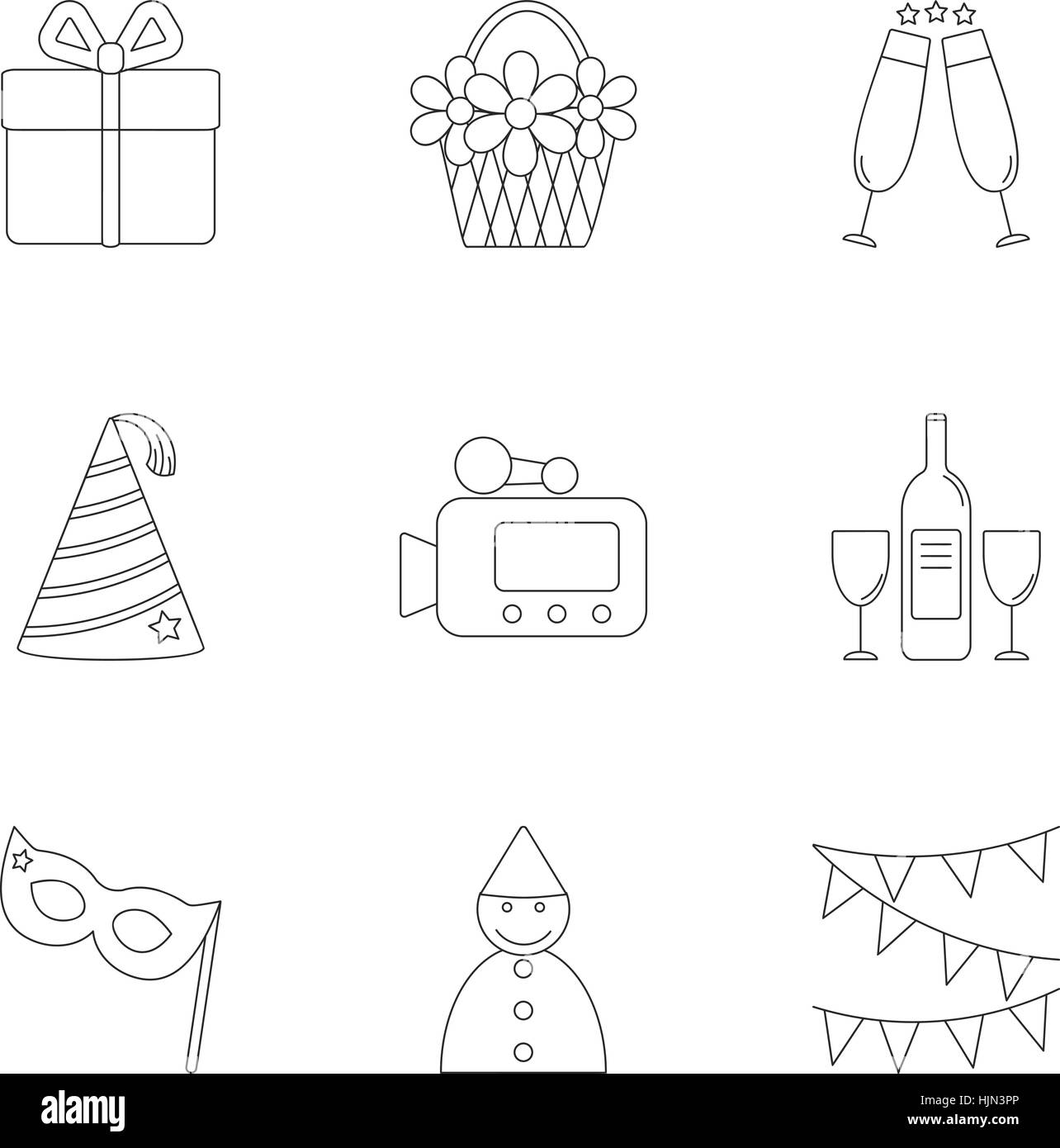 Children party icons set. Outline illustration of 9 children party ...