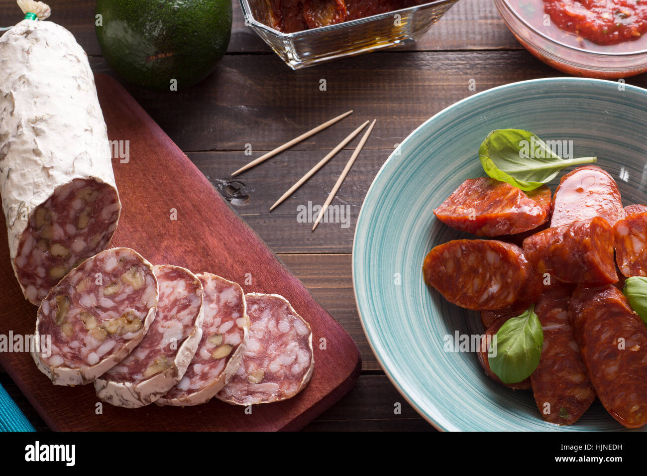 Top view of variety of mediterranean food starters - spanish tapas with ...