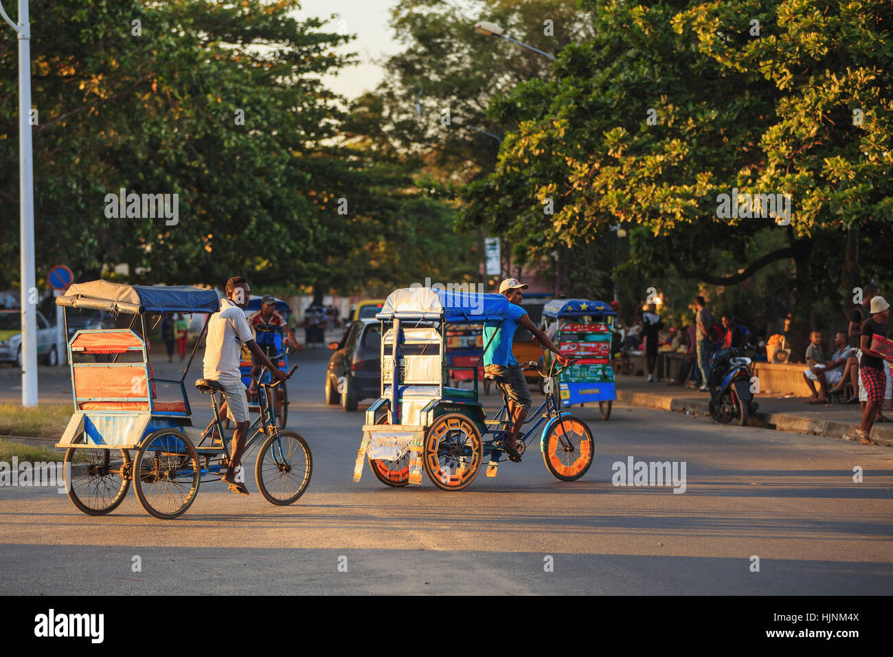 TOAMASINA, MADAGASCAR - OCTOBER 17, 2016: Traditional rickshaw bicycle ...