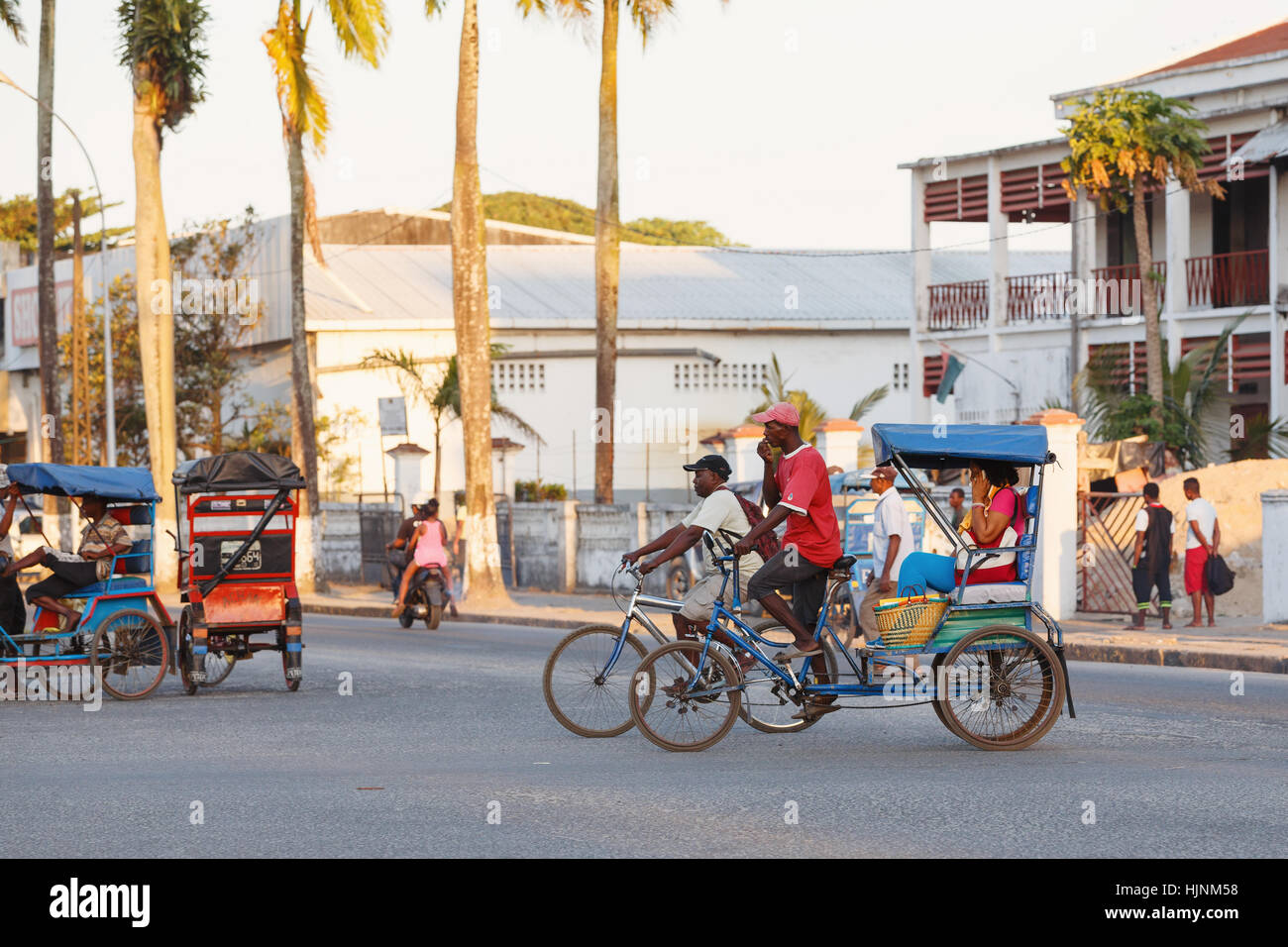 TOAMASINA, MADAGASCAR - OCTOBER 17, 2016: Traditional rickshaw bicycle ...