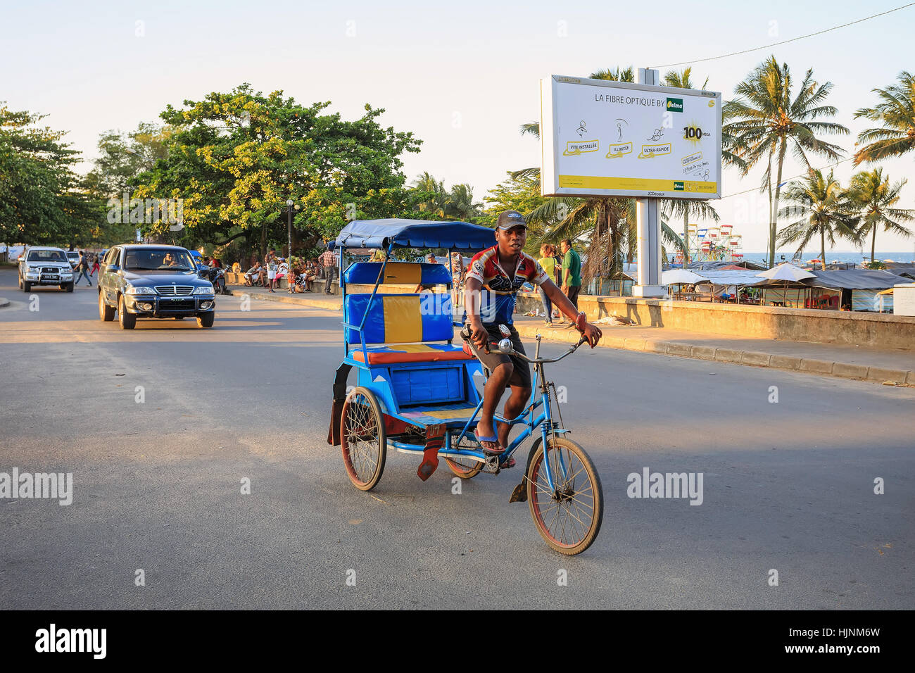 TOAMASINA, MADAGASCAR - OCTOBER 17, 2016: Traditional rickshaw bicycle ...