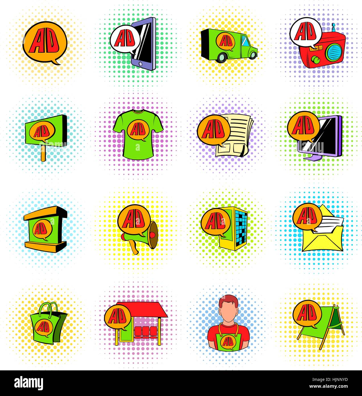Advertisement set icons in comics style on a white background Stock ...
