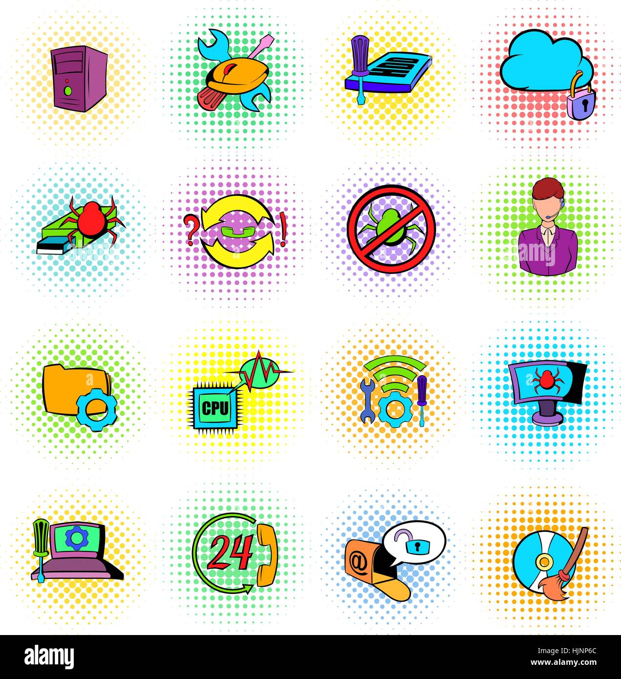 Technical support icons in comics style on a white background Stock ...