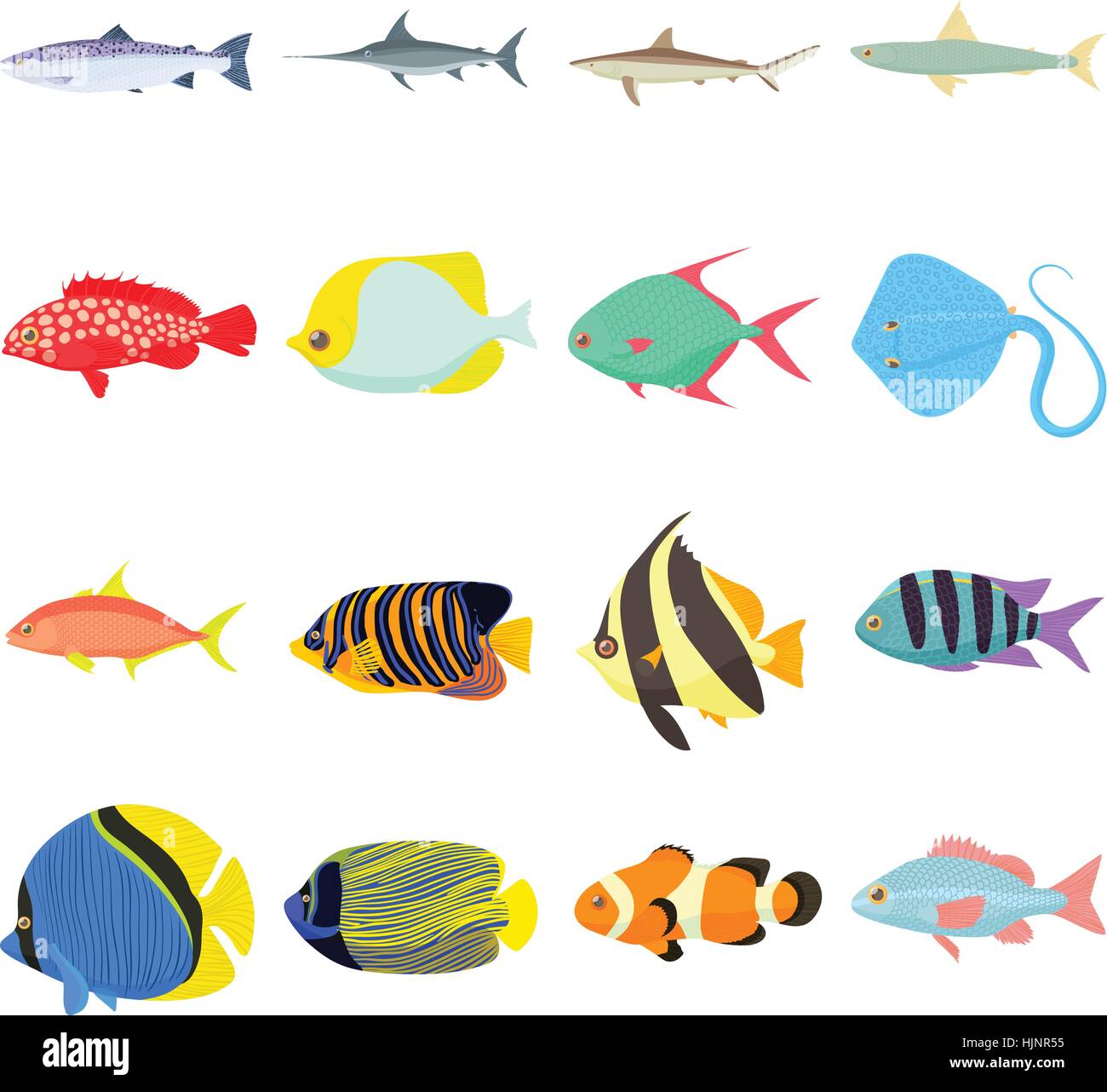 Fish icons set in cartoon style isolated on white background Stock ...