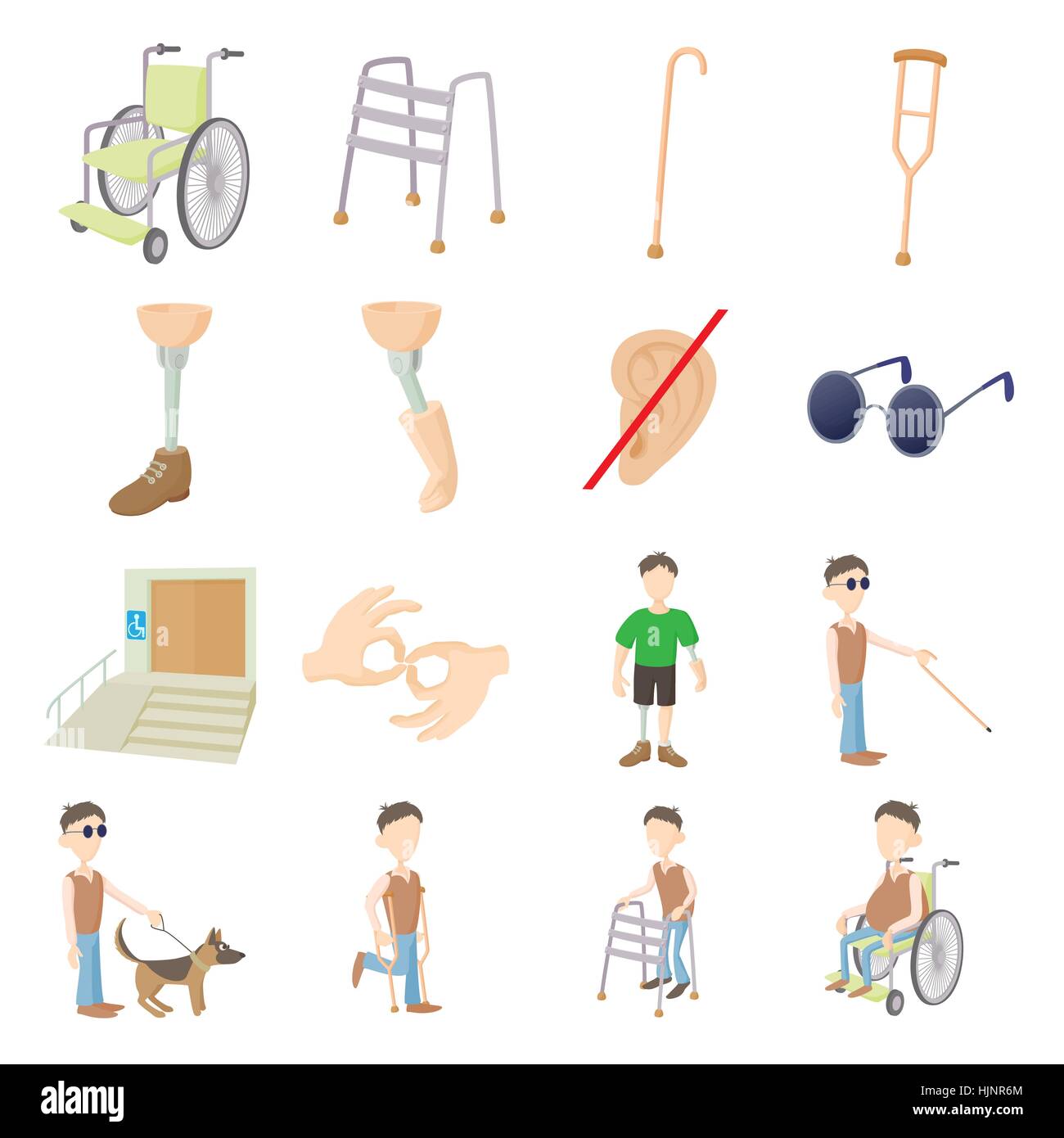 Disabled people care set in cartoon style isolated on white background ...