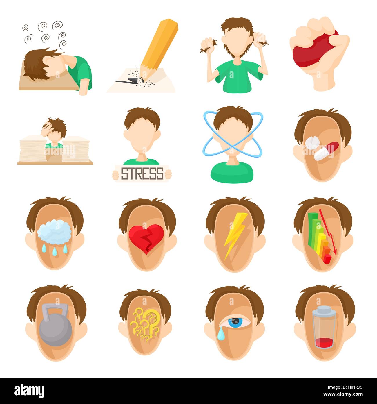 Stress icons set in cartoon style on a white background Stock Vector ...