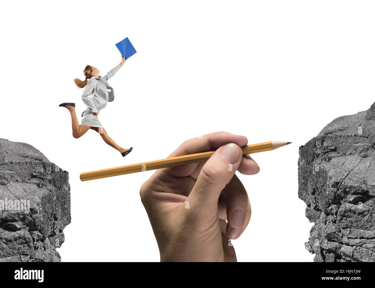 Businesswoman jumping over gap. Risk and challenge concept Stock Photo ...